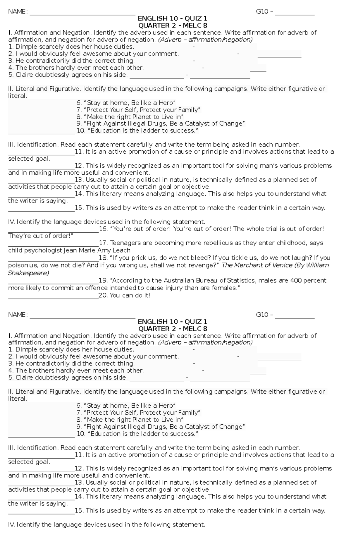 Q2 English 10 MELC 8 Quiz - NAME ...