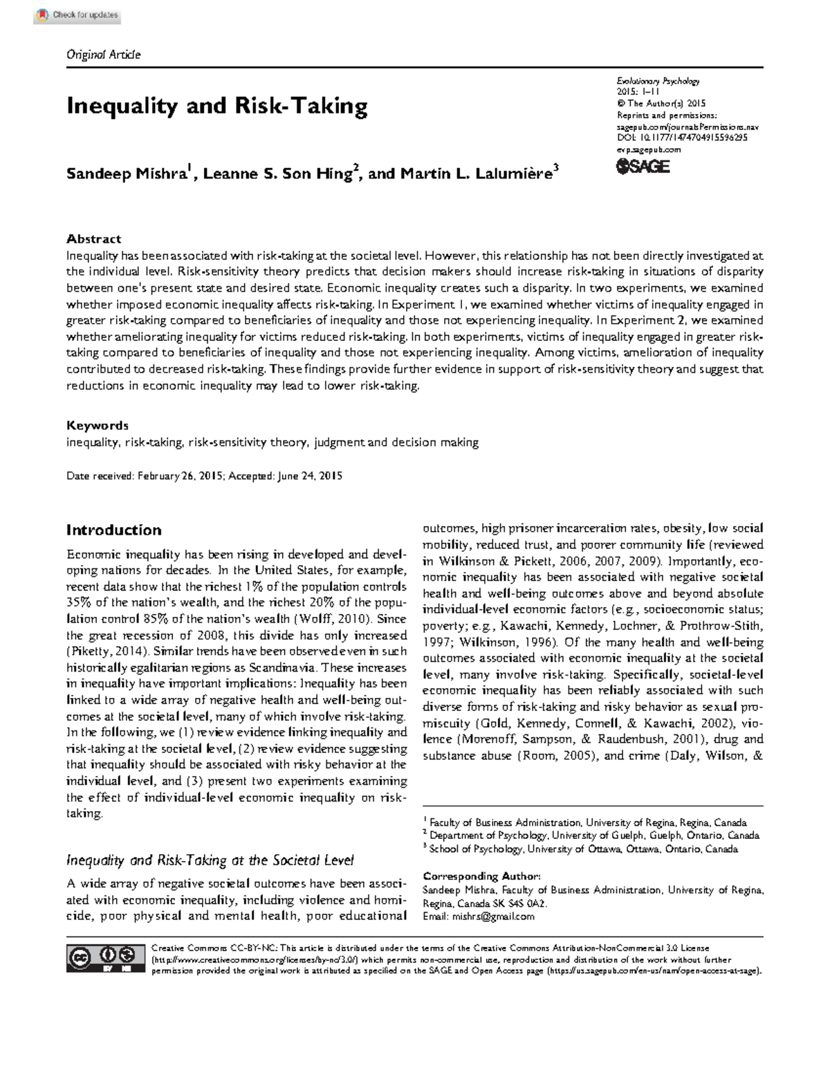 Mishra et al 2015 inequality and risk taking - Original Article ...