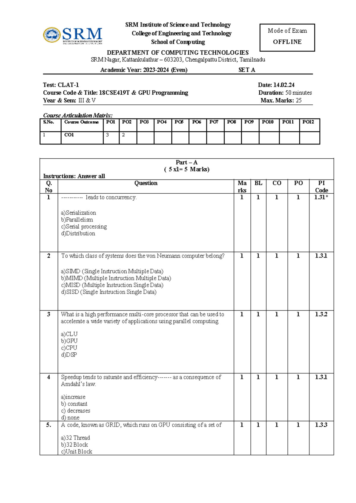Ct 1 Set A Ct 1 Srm Institute Of Science And Technology College Of Engineering And