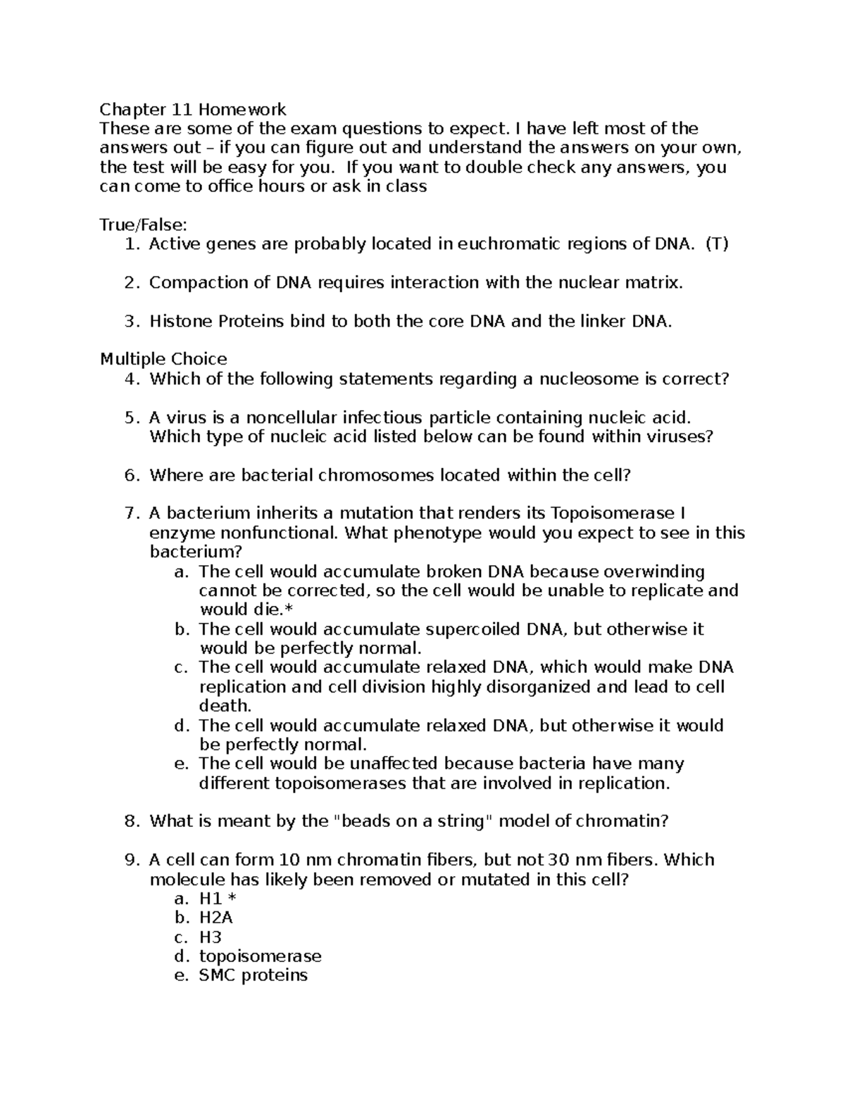 Bio 3709 Chapter 11 Chromosome Structure Homework Sp18 - Chapter 11 ...