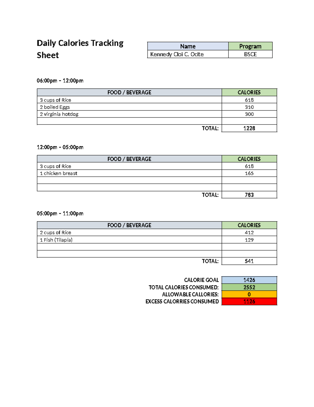 Daily Calories Tracking Sheet Template - Daily Calories Tracking Sheet ...