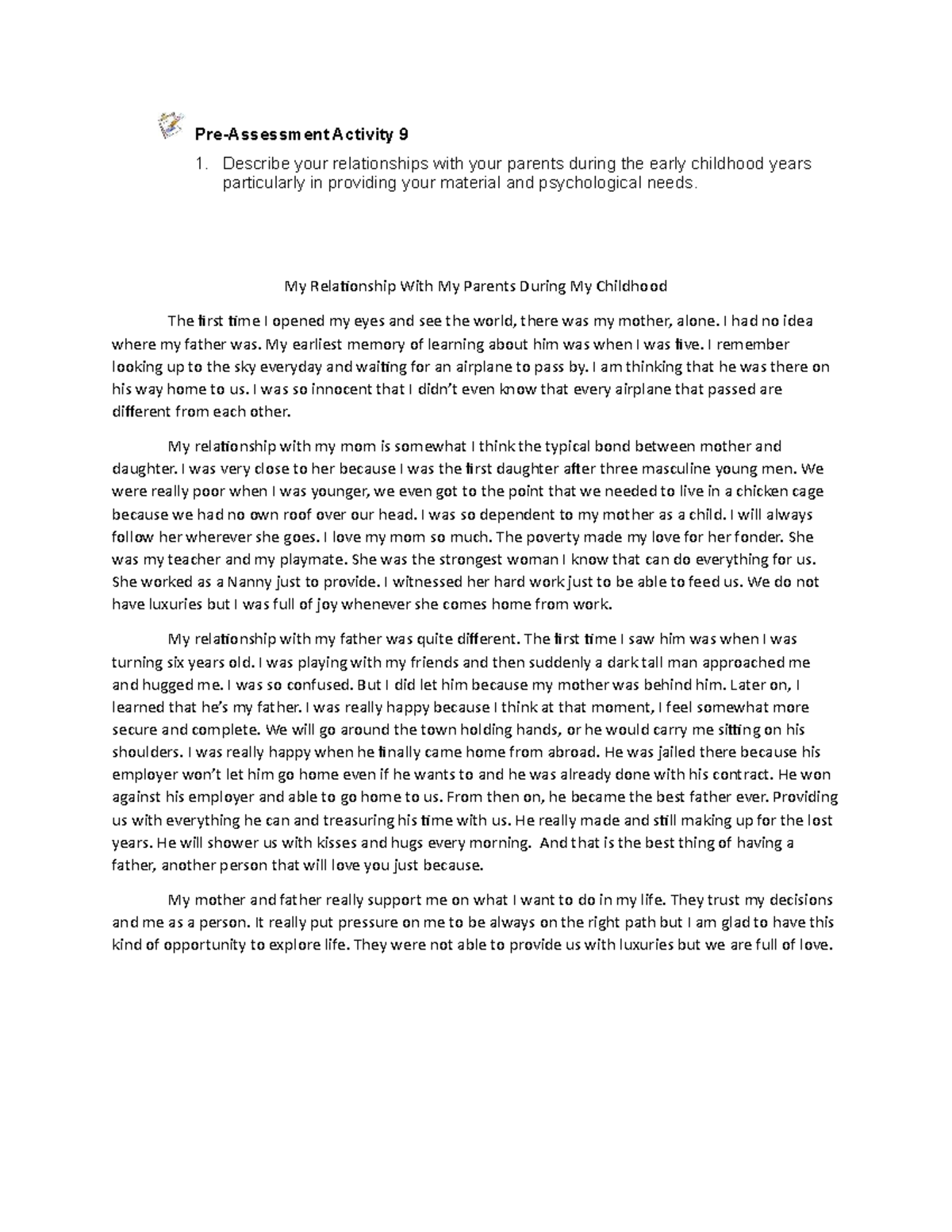 Pre and Post Assessment Task No. 9 - Pre-Assessment Activity 9 Describe ...