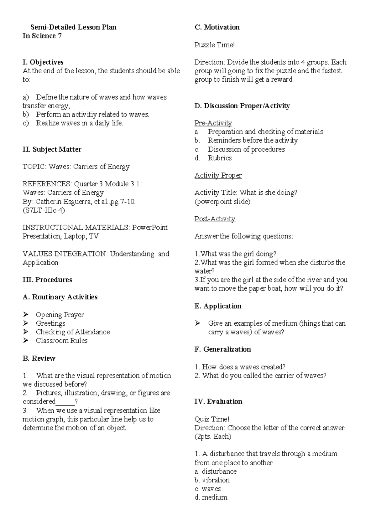 Semi-Waves - Semi-Detailed Lesson Plan In Science 7 I. Objectives At ...