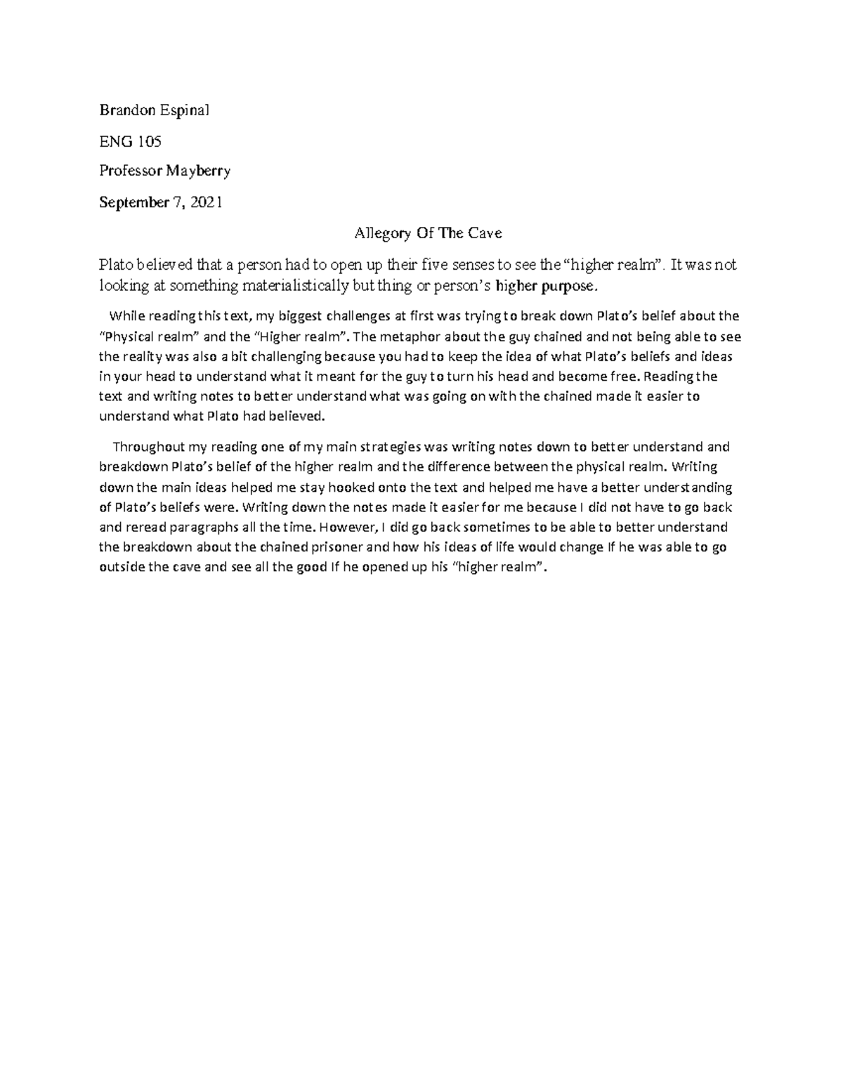 Document 2 - 21002 - Brandon Espinal ENG 105 Professor Mayberry ...