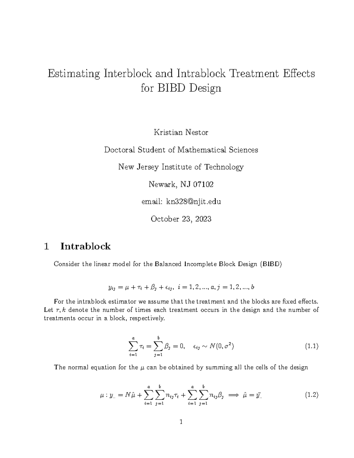 BIBD - Proofs of BIBD design - Estimating Interblock and Intrablock ...