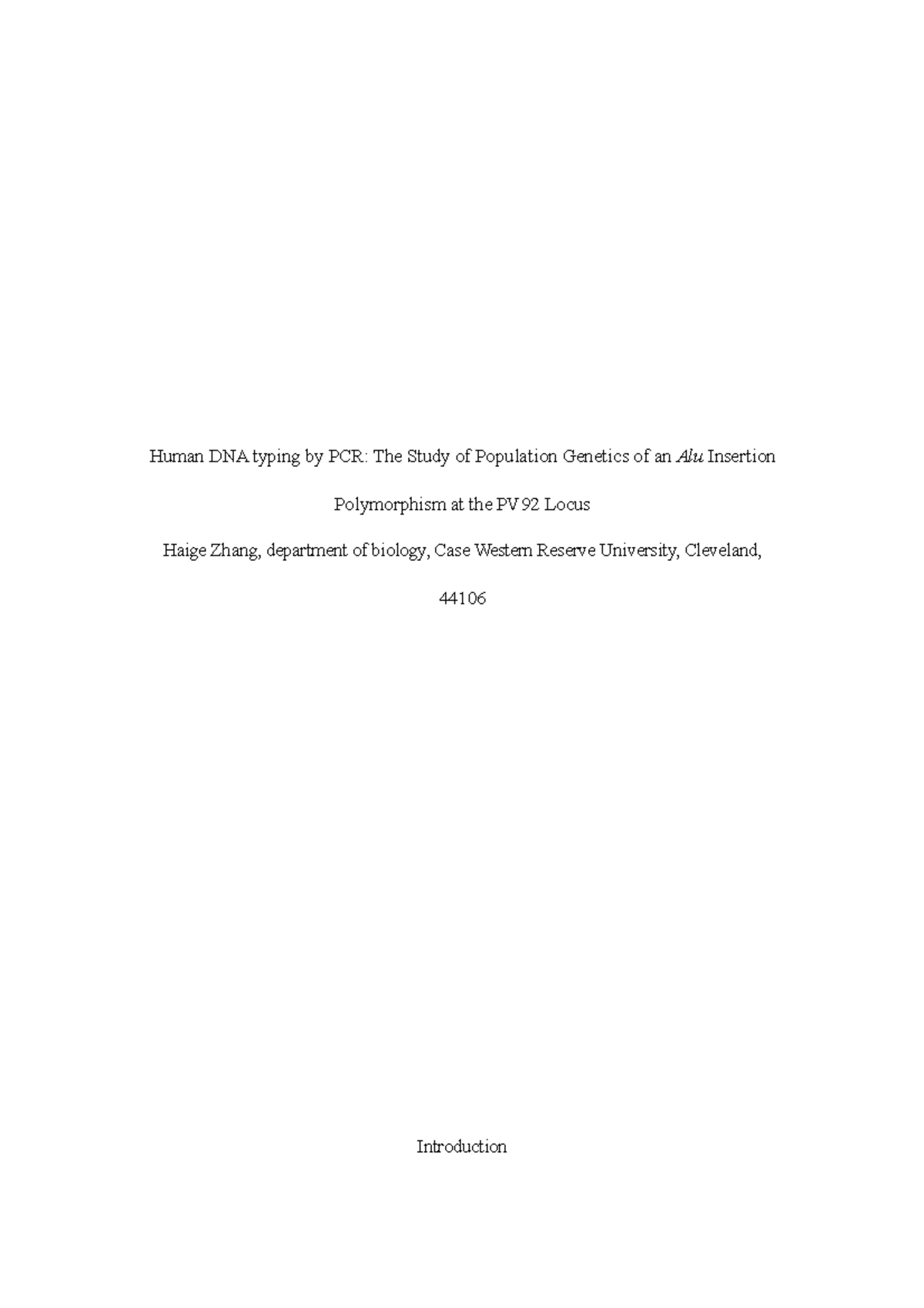 Lab report The Study of Population Genetics of an Alu Insertion ...