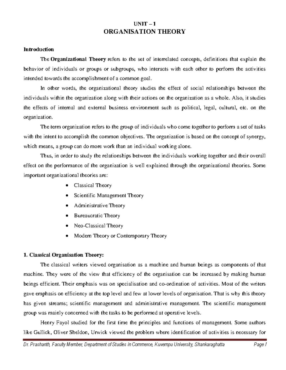 OB - M.Com notes - UNIT – 1 ORGANISATION THEORY Introduction The ...