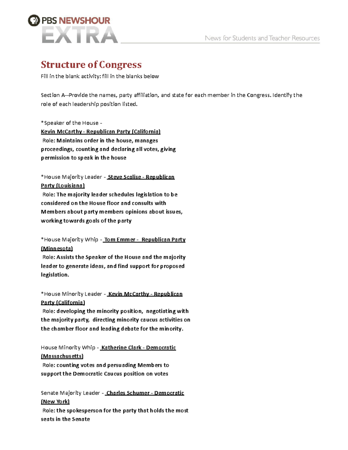 Congress Fill In The Blank - Structure of Congress Fill in the blank ...