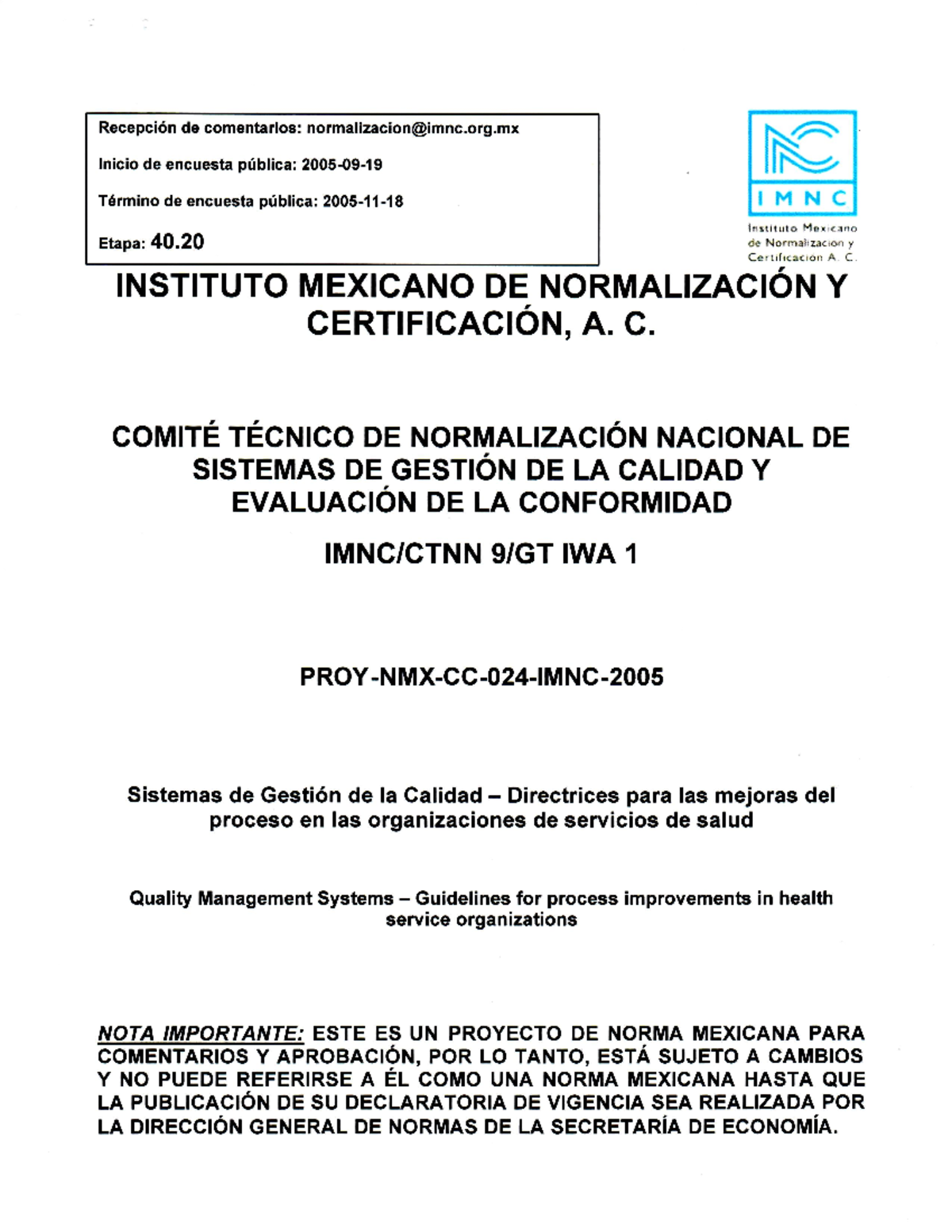 PROY NMX CC 024 IMNC 2005 - Medicina - Studocu