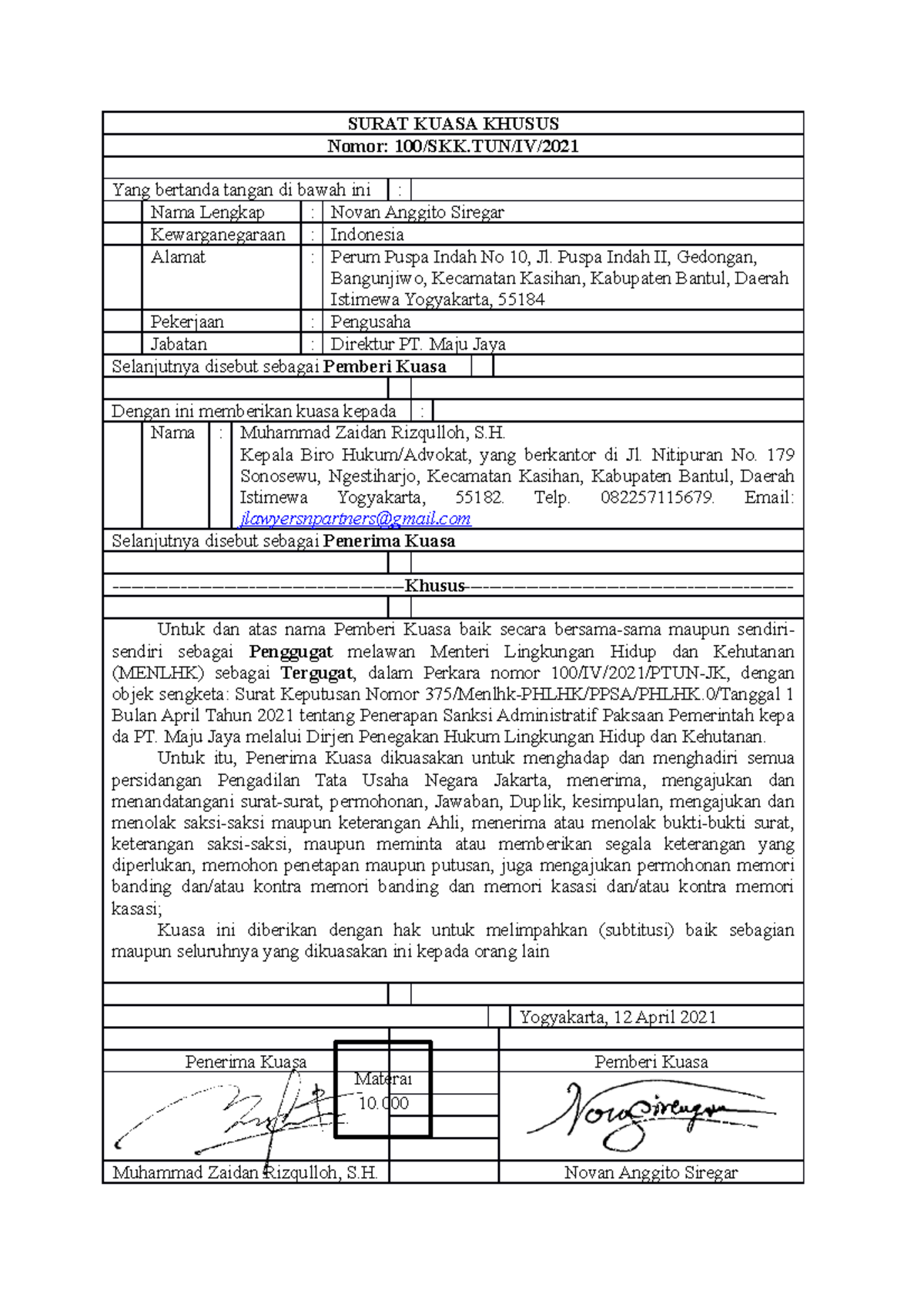 1. Praktik 1 Surat Kuasa Khusus - SURAT KUASA KHUSUS Nomor: 100/SKK/IV ...