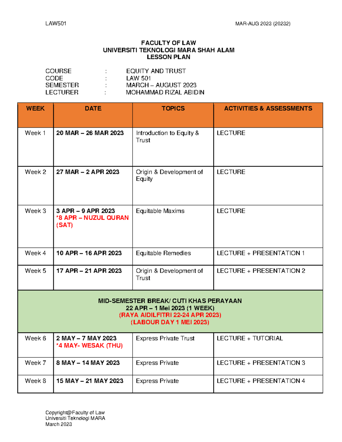 LAW501 Lesson PLAN MAC - August 2023 - LAW 501 MAR-AUG 202 3 (202 32 ...