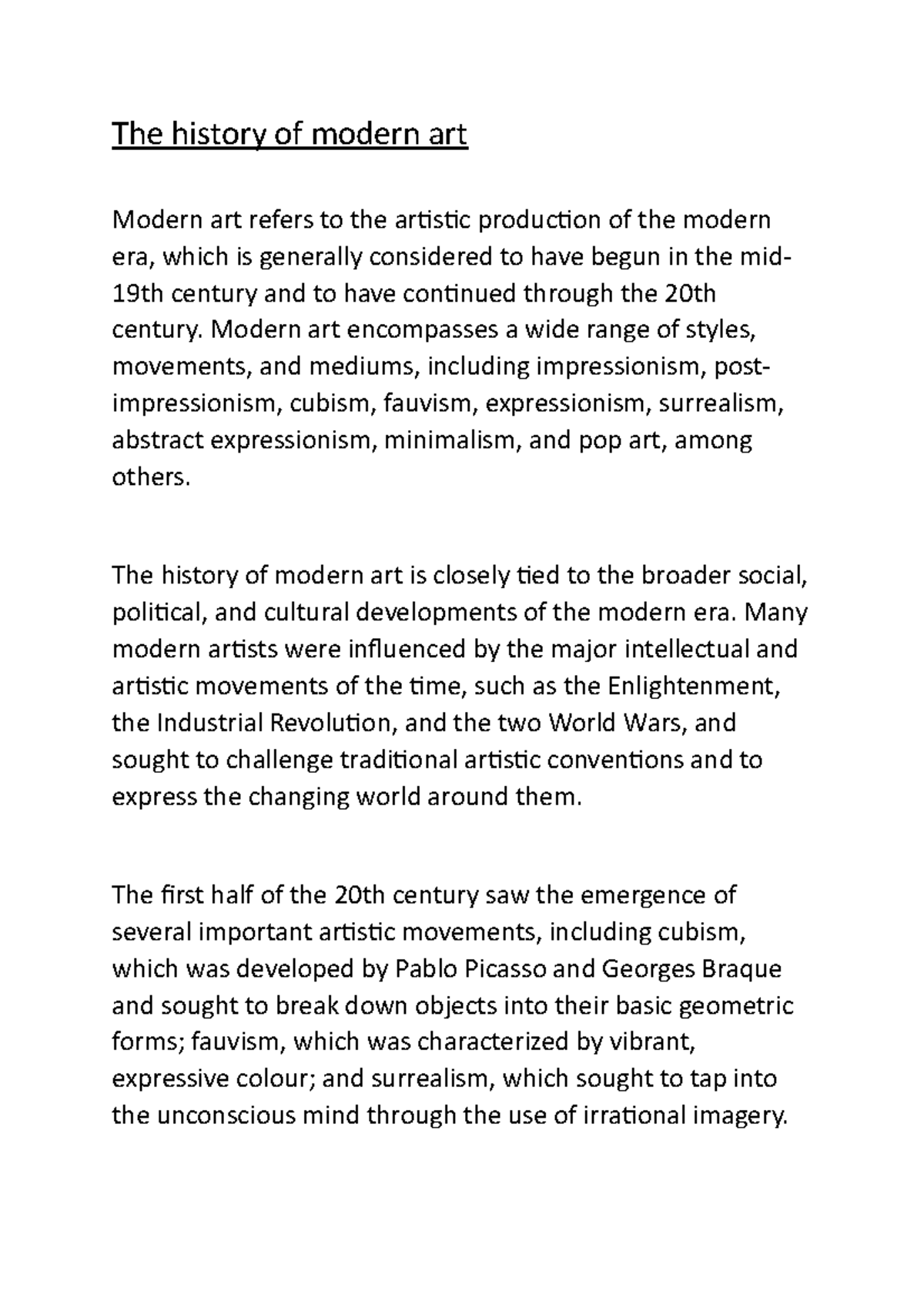 The history of modern art - The history of modern art Modern art refers ...
