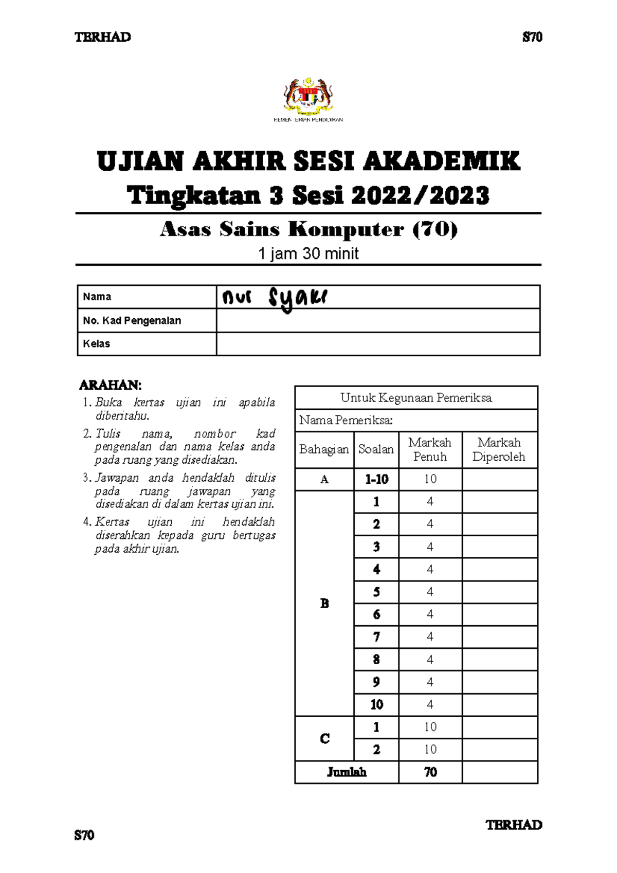 Asas Sains Komputer T3 - Selesai - ARAHAN: Nama No. Kad Pengenalan ...