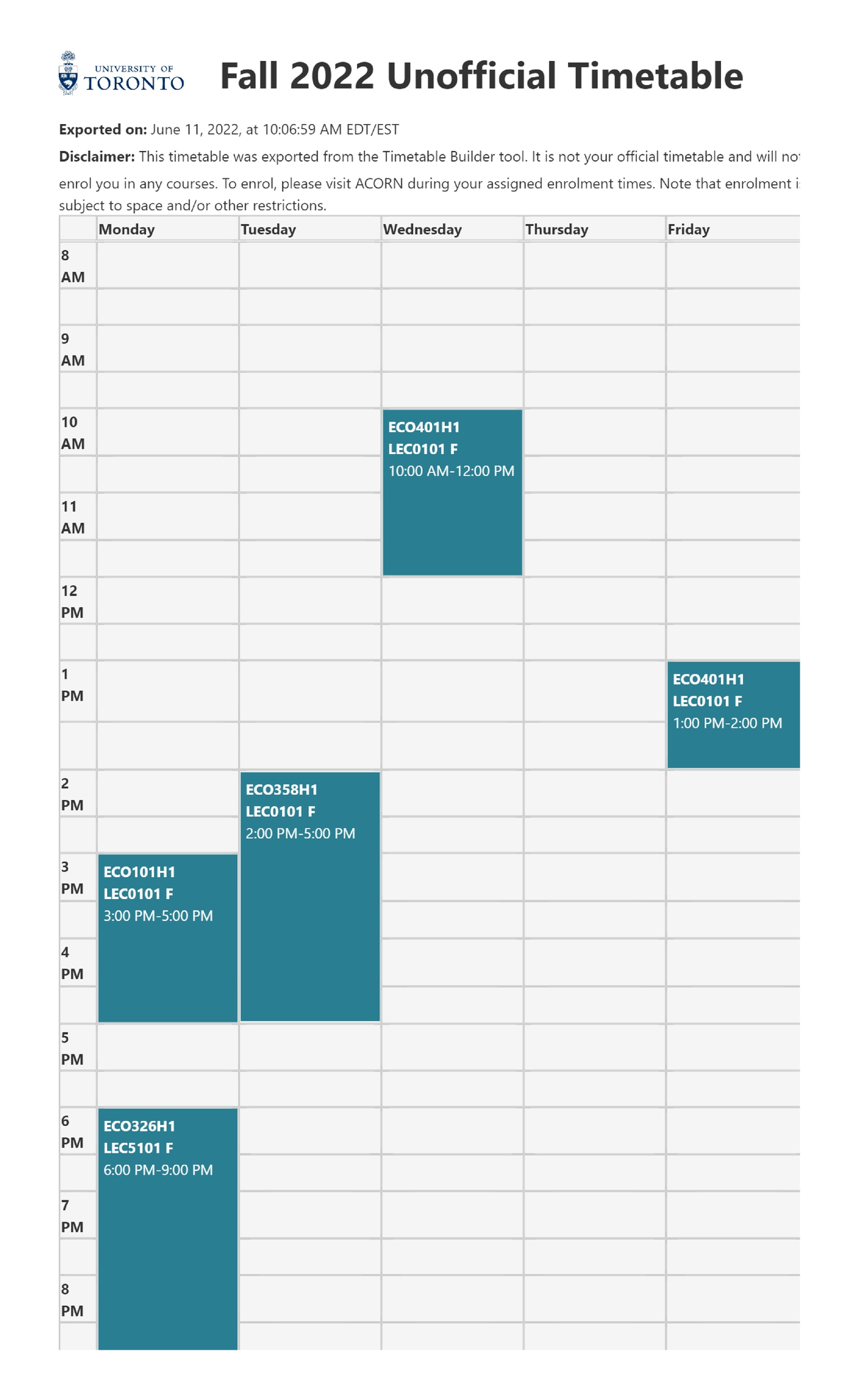 Timetable - class schedule. useful for new students - Ecn510 - Studocu