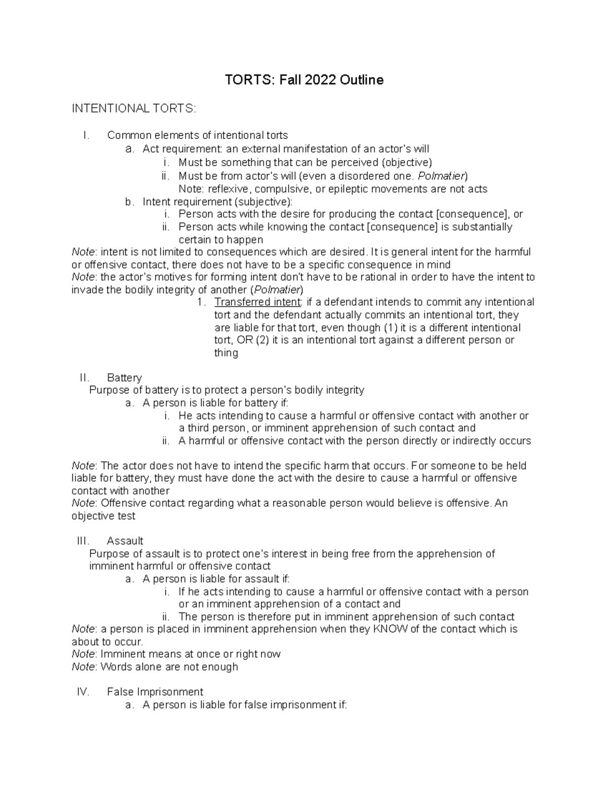 Torts outline - TORTS: Fall 2022 Outline INTENTIONAL TORTS: I. Common ... Torts outline - TORTS: Fall 2022 Outline INTENTIONAL TORTS: I. Common ...