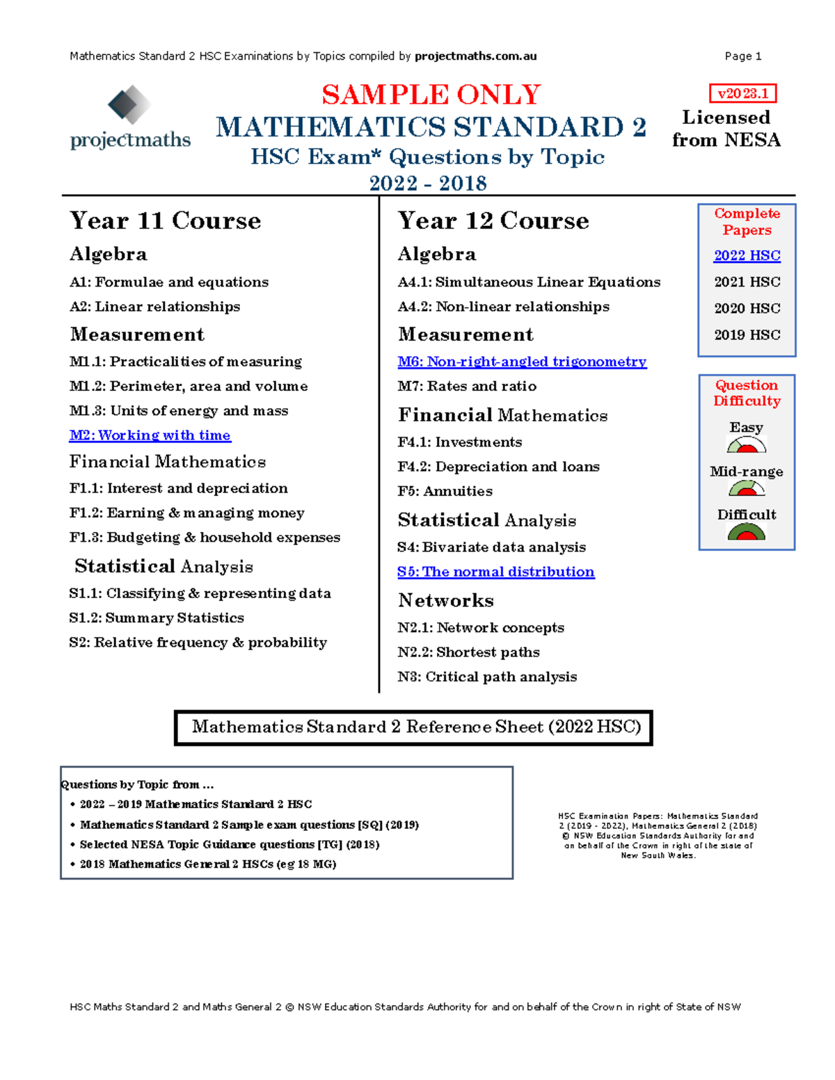 Math Resource, HSC Exam qs - SAMPLE ONLY MATHEMATICS STANDARD 2 HSC ...
