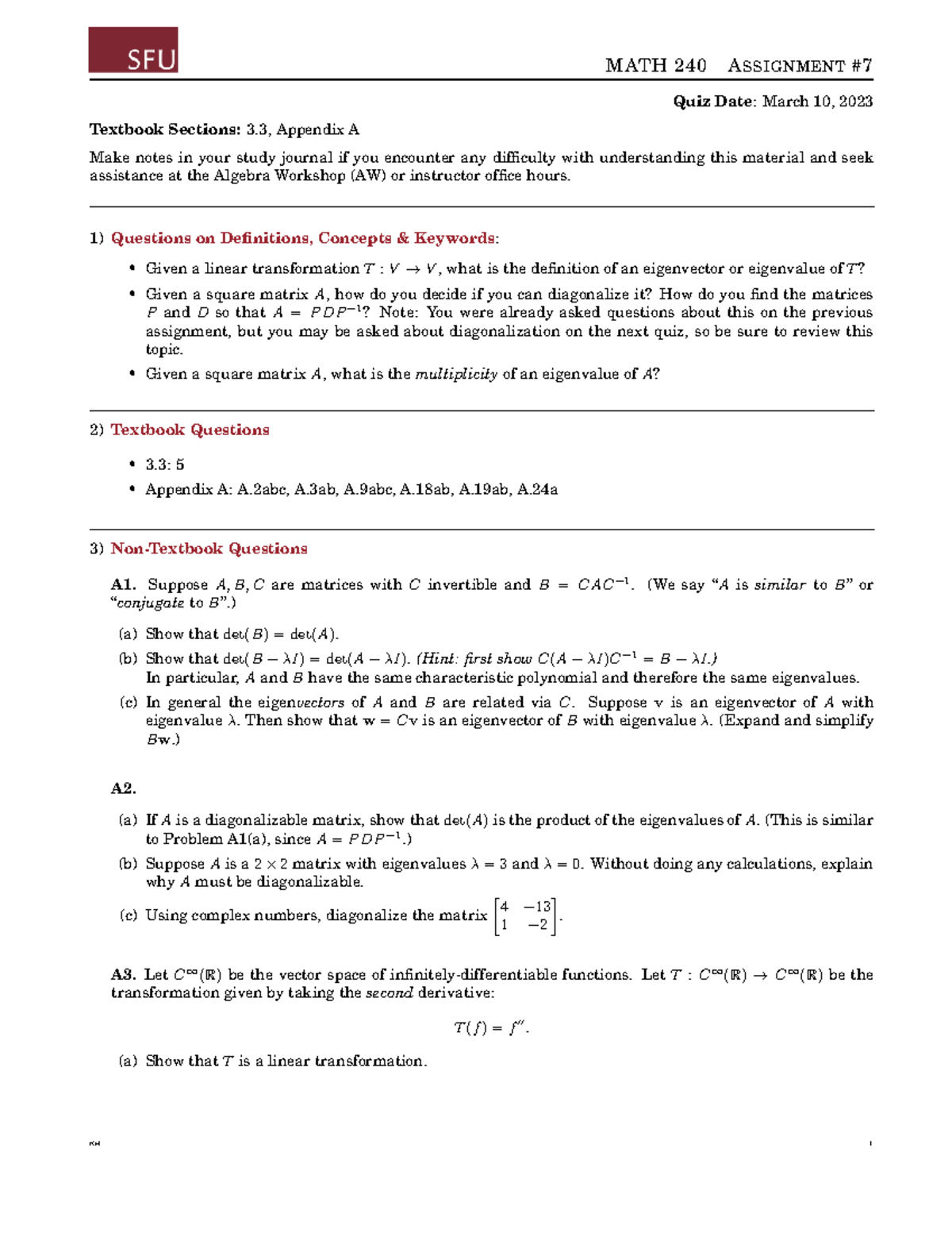 240a7 - notes - MATH 240 ASSIGNMENT Quiz Date: March 10, 2023 Textbook ...