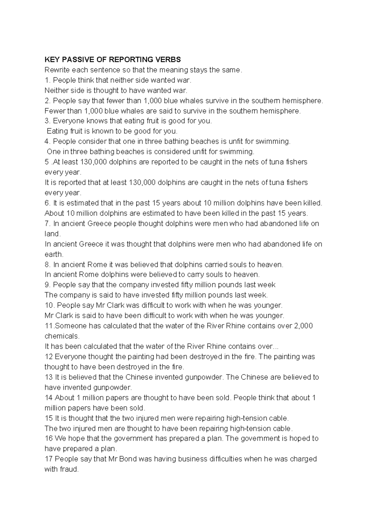 #3 Passive OF Reporting Verbs WITH KEY - KEY PASSIVE OF REPORTING VERBS ...