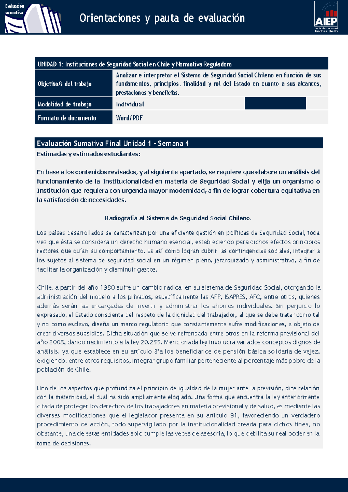 Sumativa 2 Seguridad Social - Evaluación sumativa Orientaciones y pauta de evaluación UNIDAD 1 ...