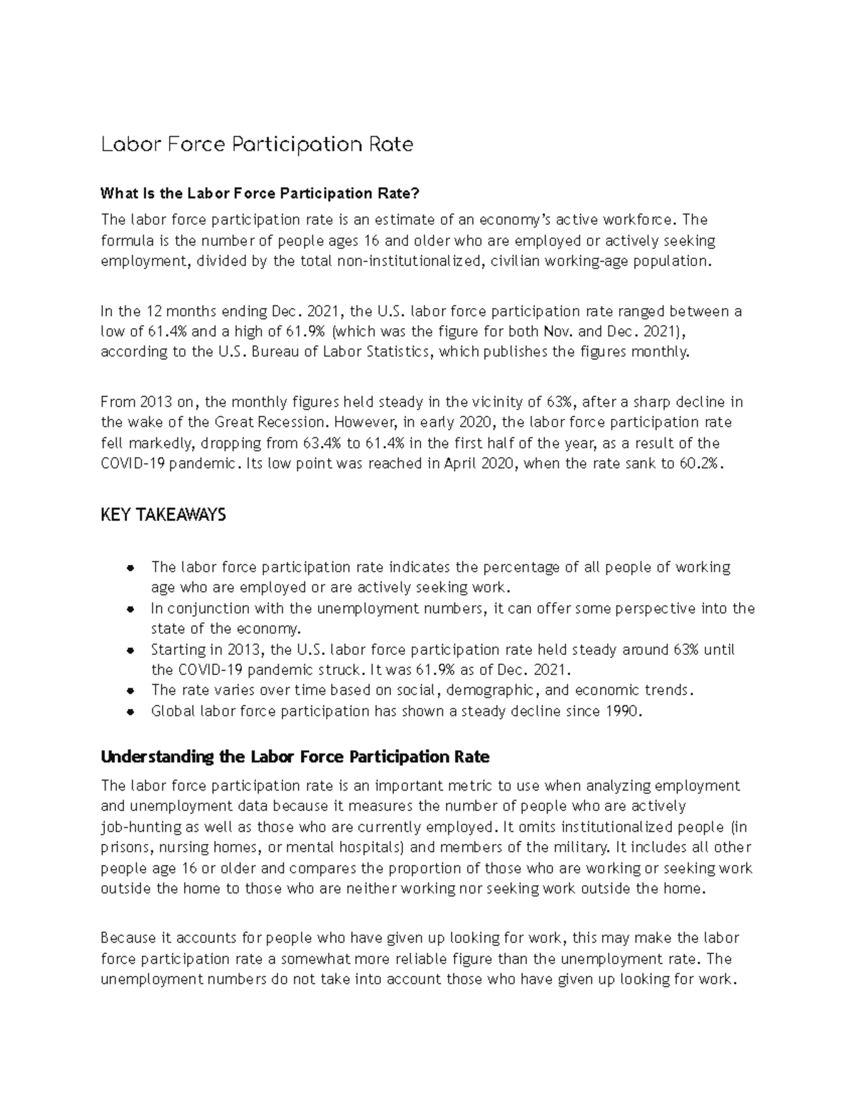 Labor Force Participation Rate - The formula is the number of people ...