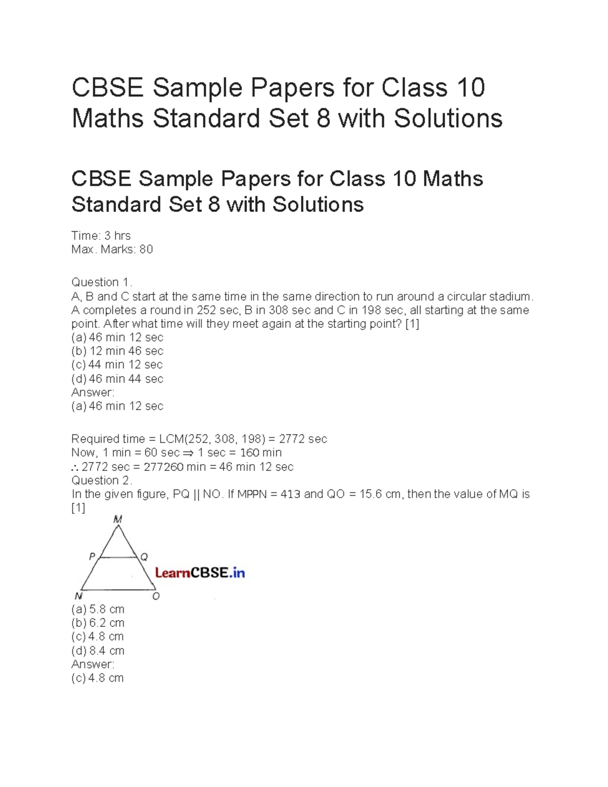 CBSE Sample Papers for Class 10 Maths Standard Set 8 with Solutions - Marks: 80 Question 1. A, B ...