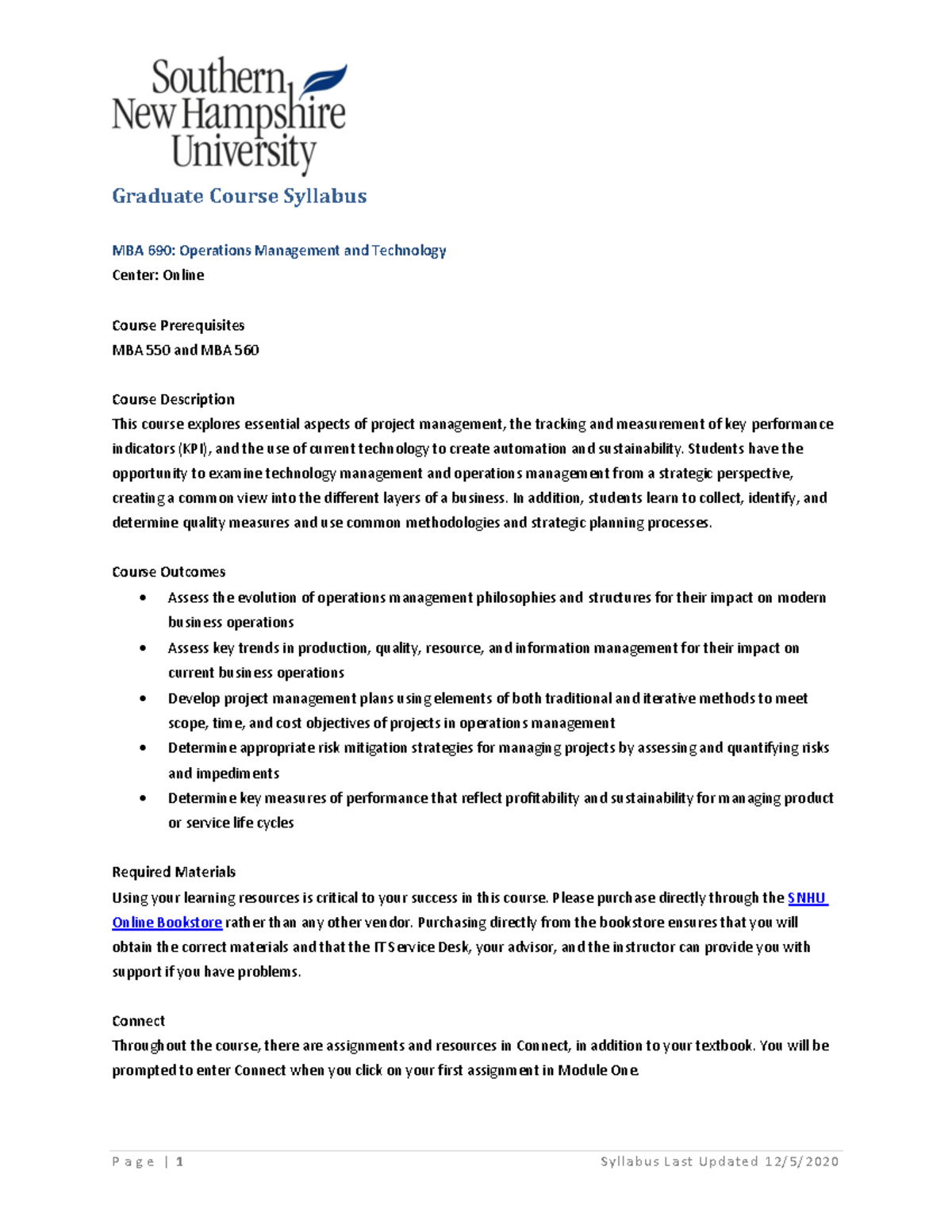 MBA 690 Syllabus - n/a - Graduate Course Syllabus MBA 690: Operations Management and Technology ...