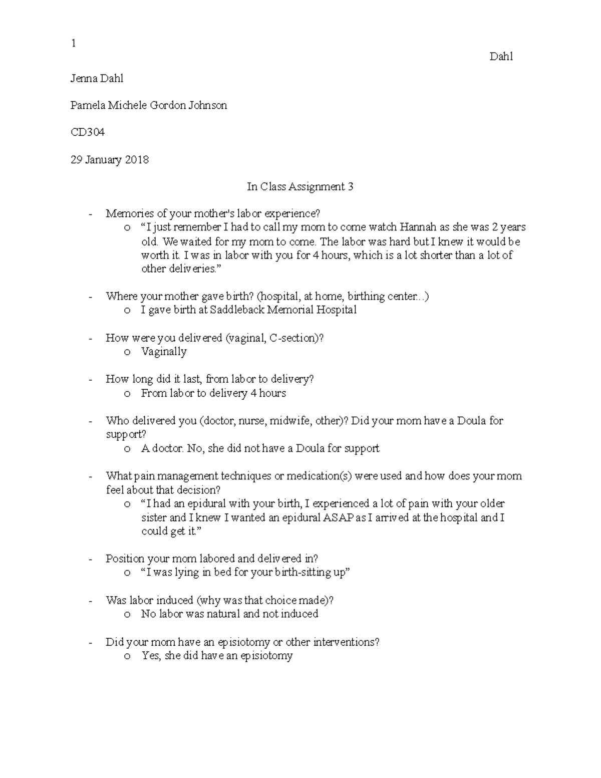 In class assignment 3 - 1 Dahl Jenna Dahl Pamela Michele Gordon Johnson CD304 29 January 2018 In ...