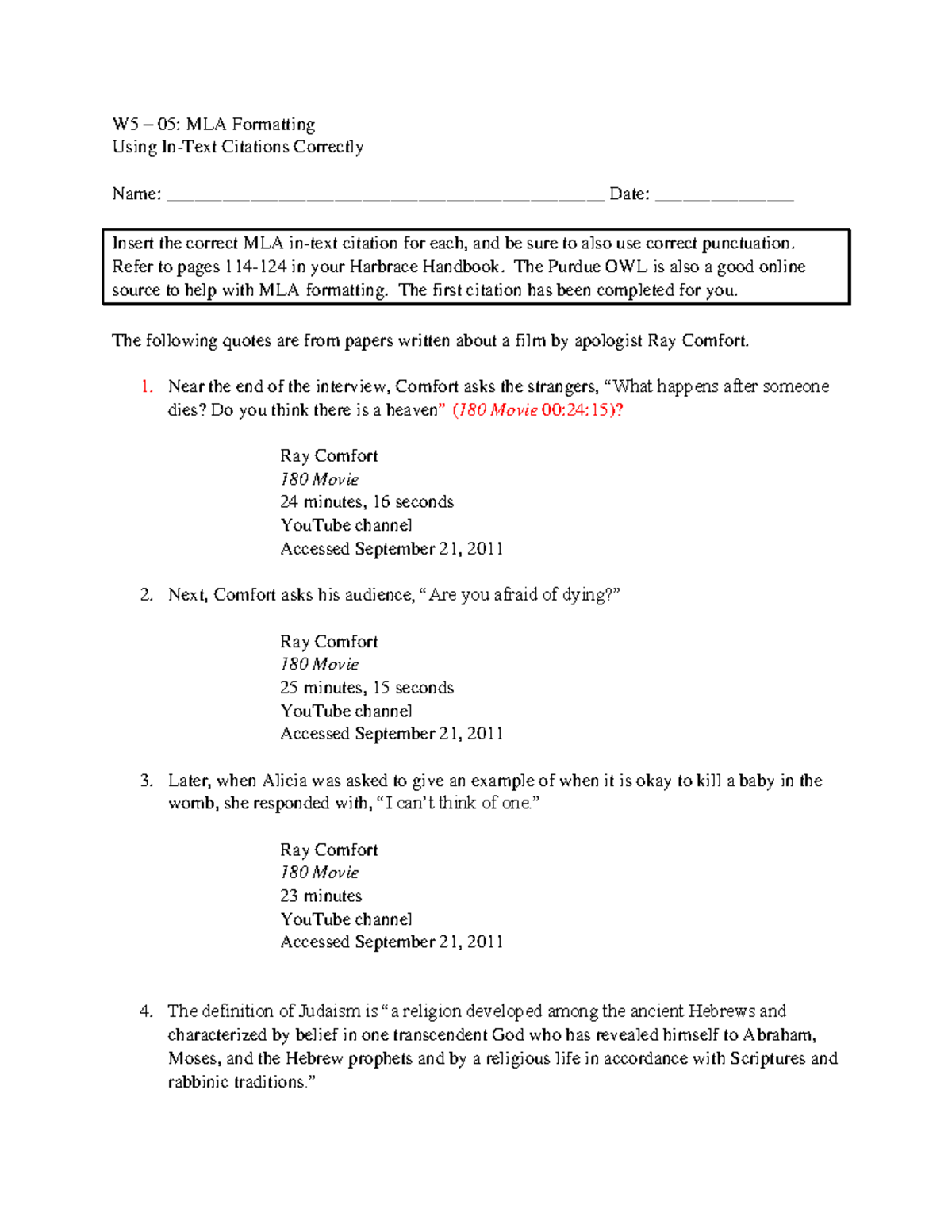 W5 - 05 In-Text Citation Worksheet do - W5 – 05: MLA Formatting Using ...