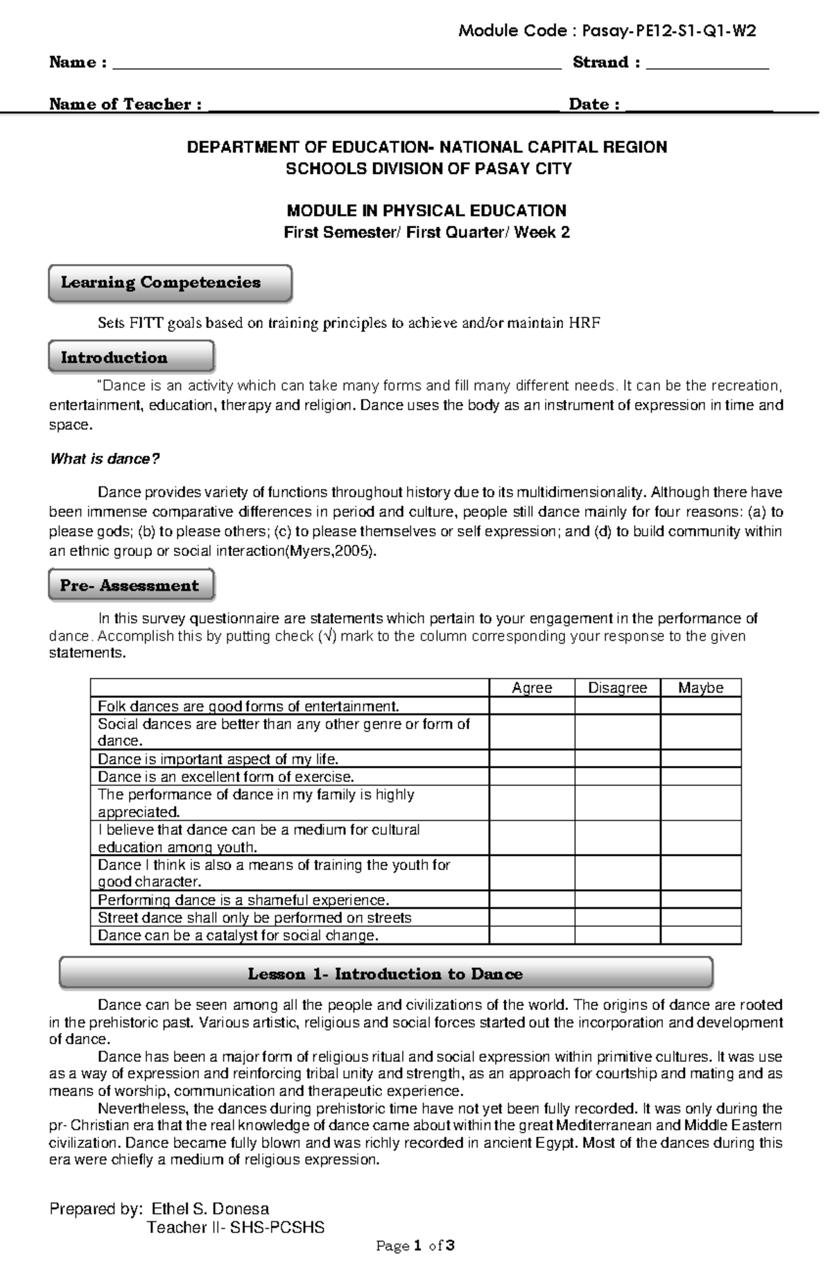 5 Pasay PE12 S1 Q1 W2 - Module Code : Pasay-PE12-S1-Q1-W Name : - Studocu