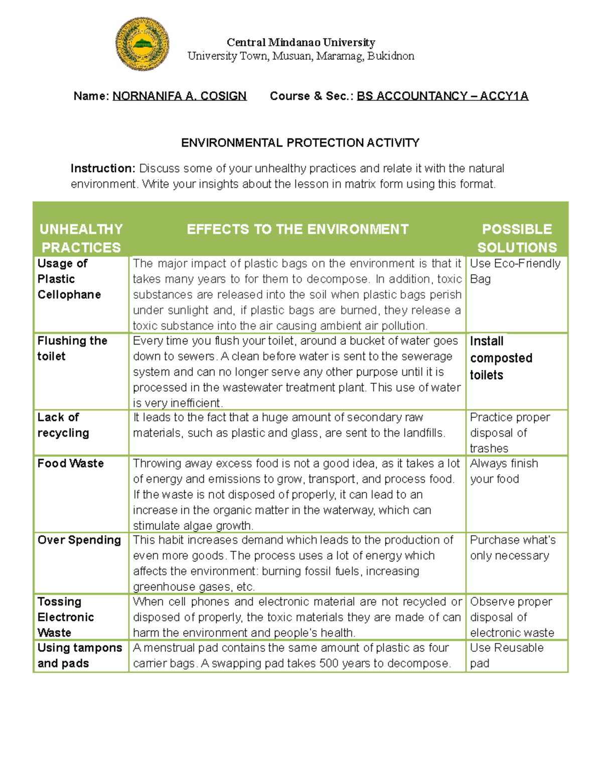 Environmental- Protection- Activity - Central Mindanao University ...