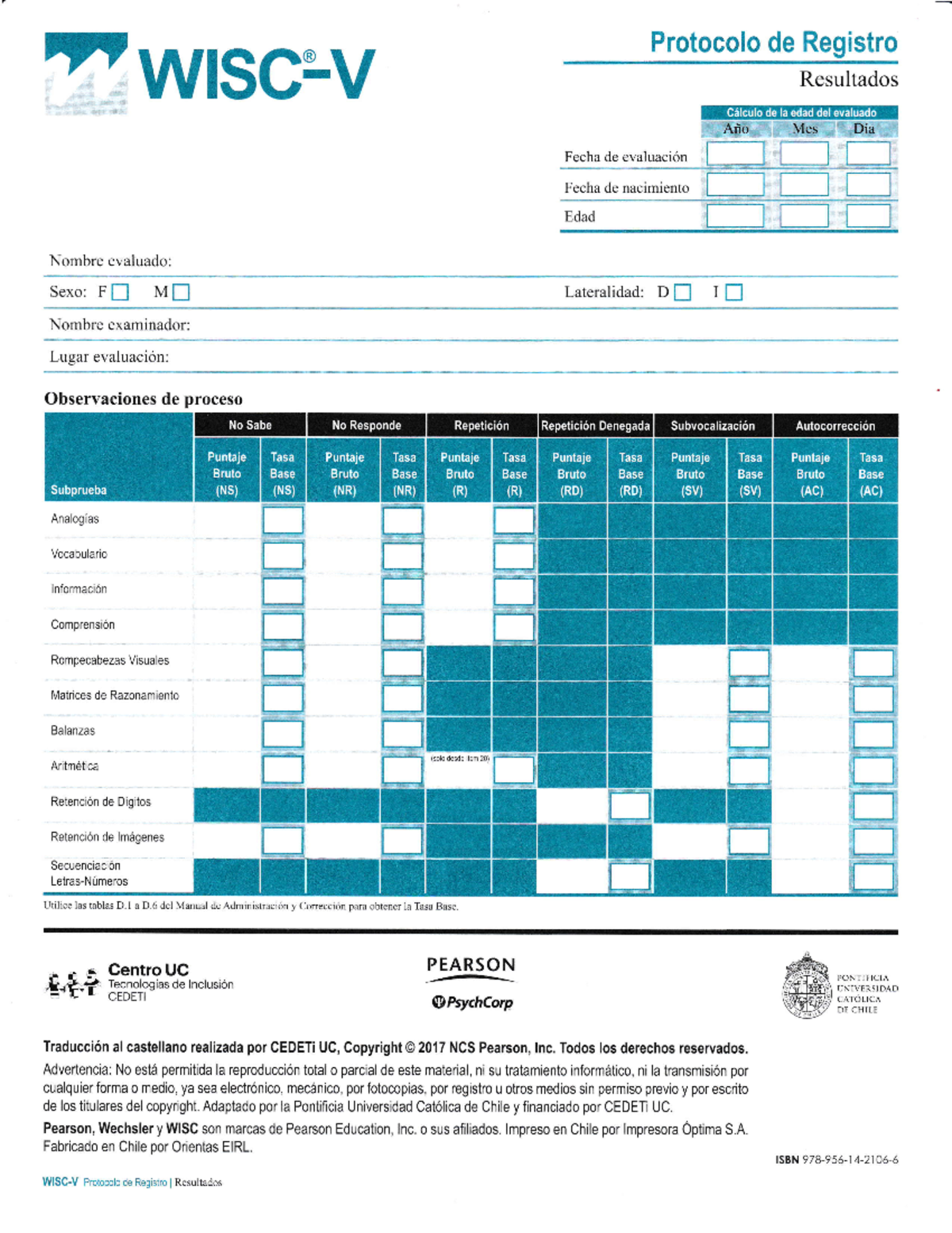 WISC-V. Escala de Inteligencia de Weschler para Niños-V. Protocolo de ...