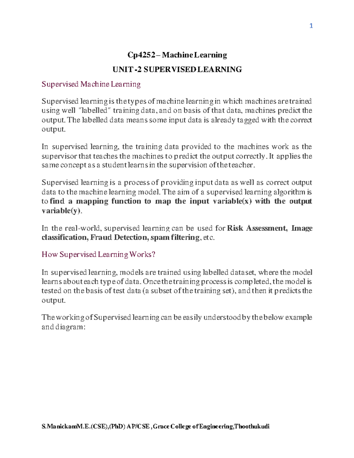 ML 2 - Cp4252 – Machine Learning UNIT - 2 SUPERVISED LEARNING Supervised Machine Learning ...