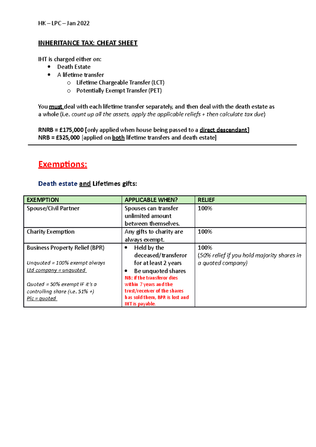 Inheritance Tax - INHERITANCE TAX: CHEAT SHEET IHT is charged either on ...