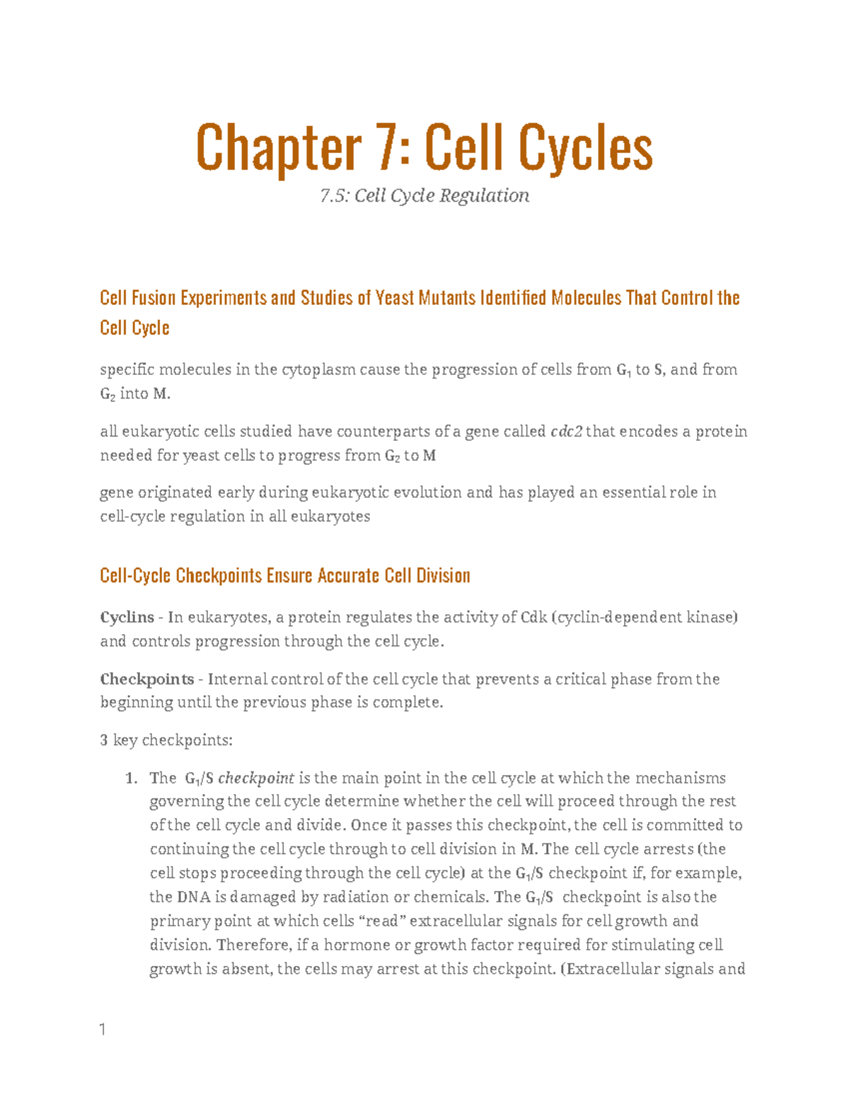 Chapter 7 Textbook Notes - Chapter 7: Cell Cycles 7: Cell Cycle ...