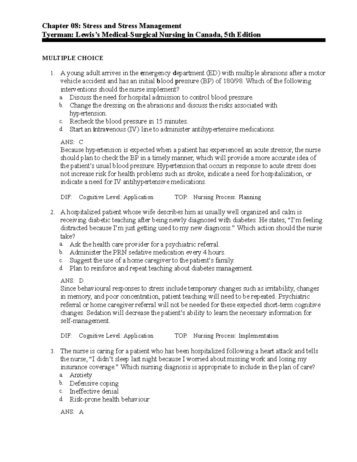 8 - Testbank for Lewis Med-surg - Chapter 08: Stress and Stress ...