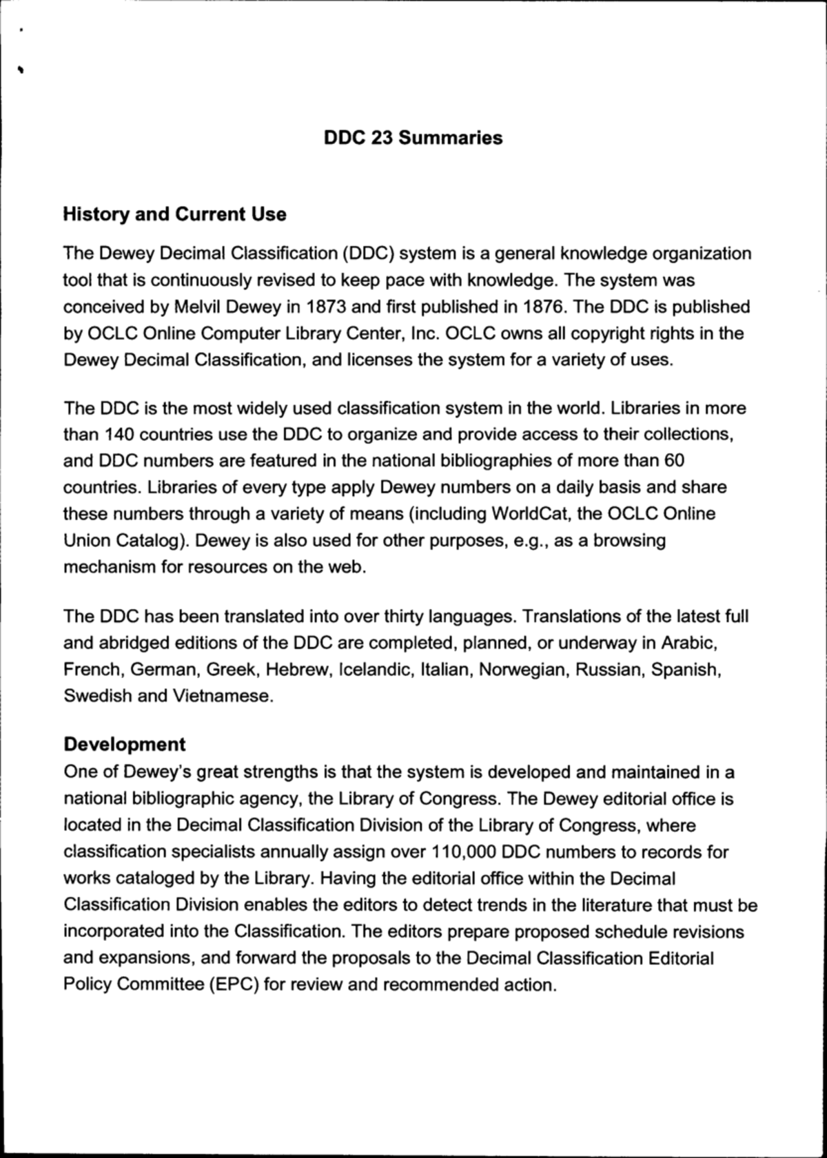 DDC23 - D - DDC 23 Summaries History and Current Use The Dewey Decimal ...