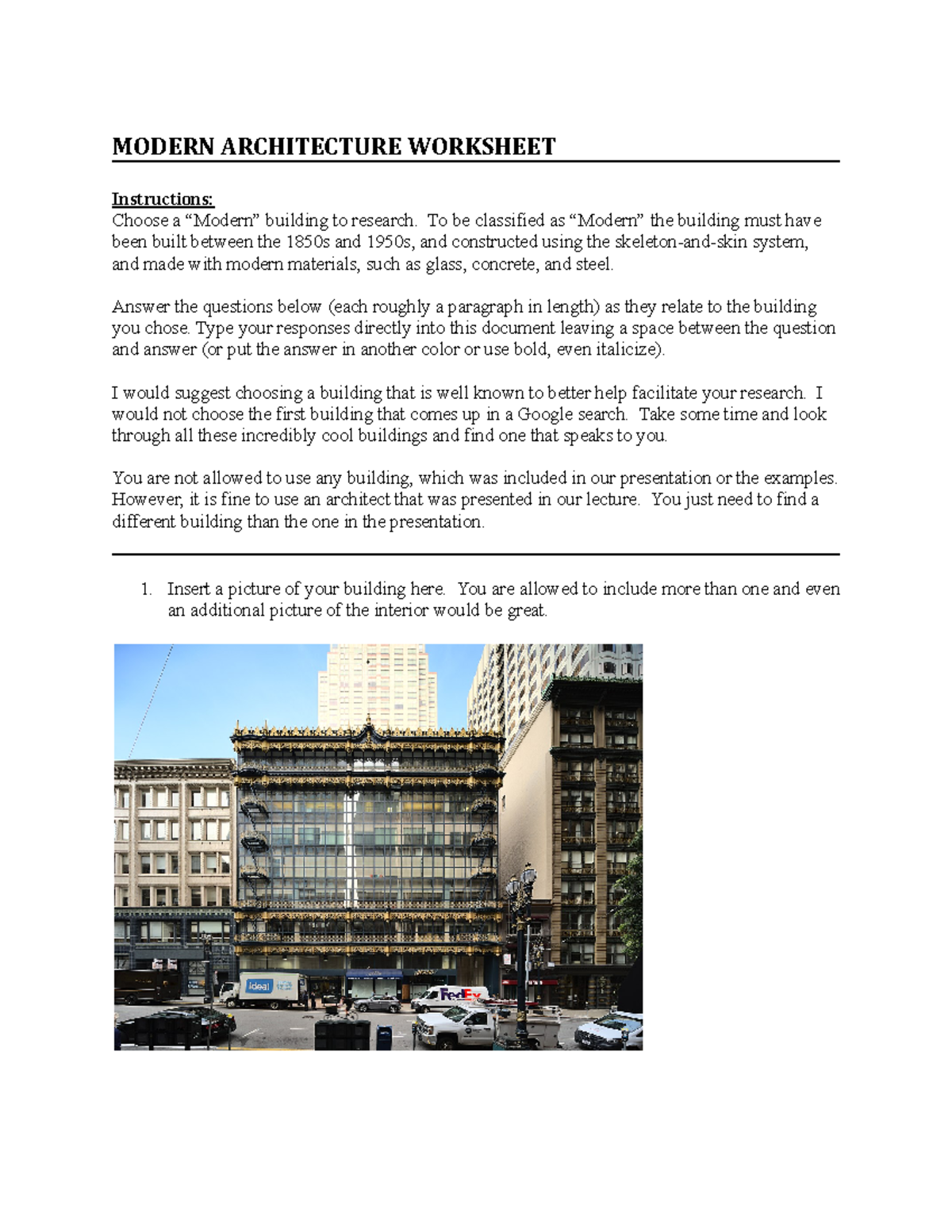 Modern Architecture Worksheet Building example - MODERN ARCHITECTURE ...