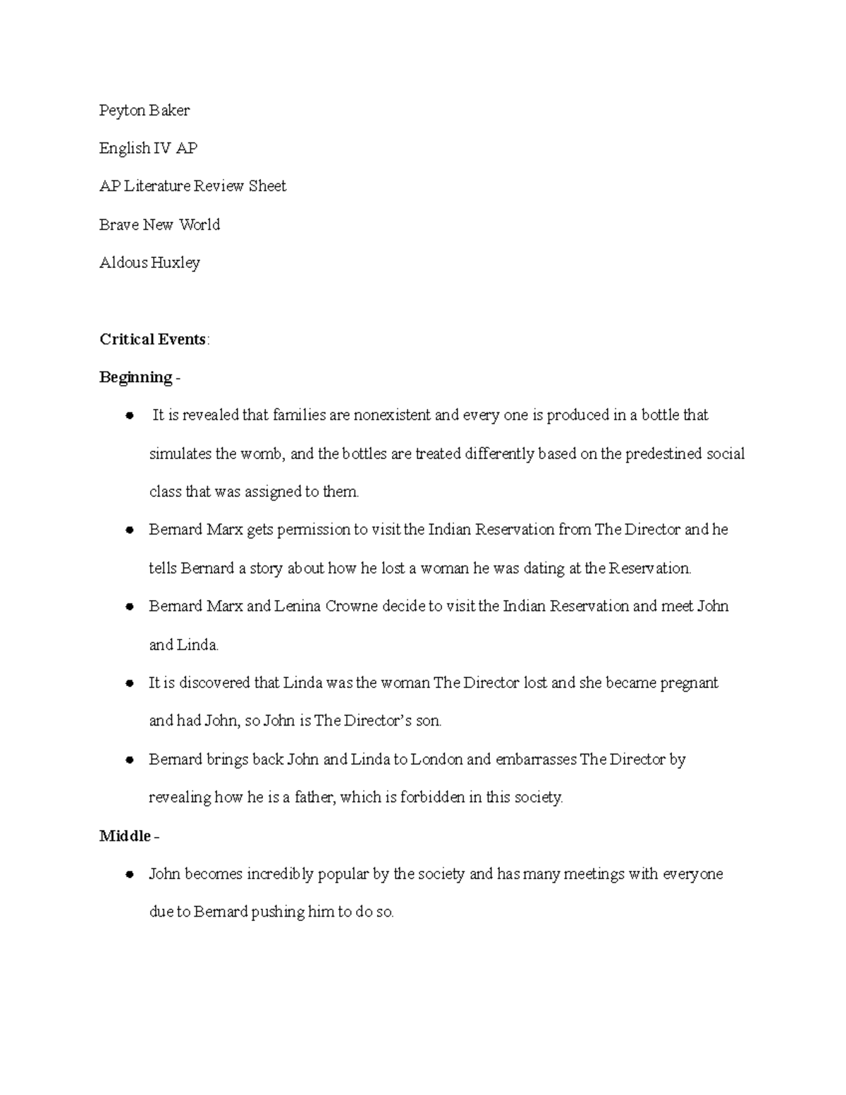 Brave New World - Peyton Baker English IV AP AP Literature Review Sheet ...