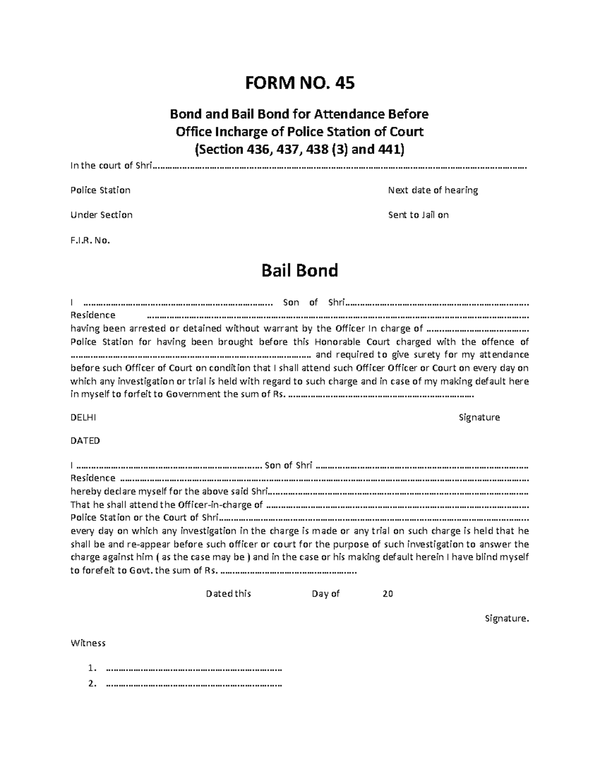 Form No 45 Bail Bond 0 Bail Application Format For Practical