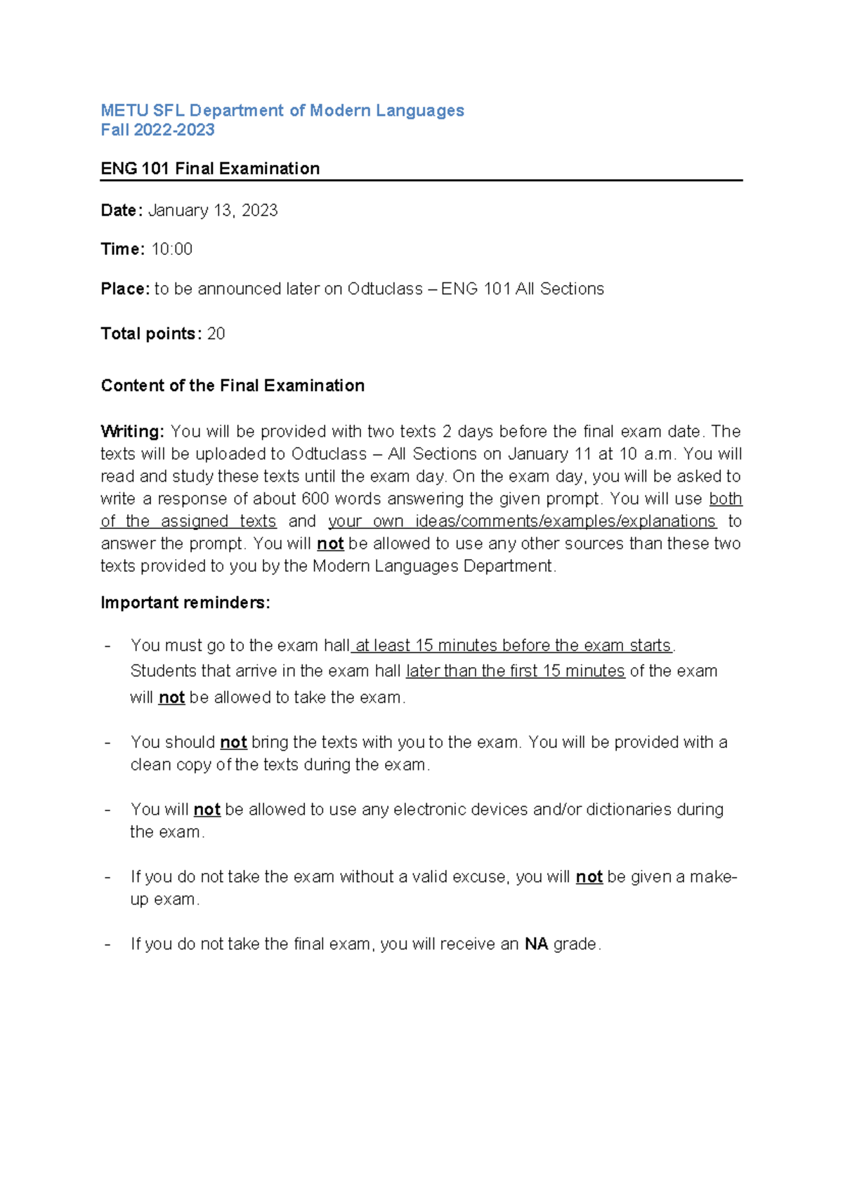 20221 Eng 101 Final exam announcement - METU SFL Department of Modern ...