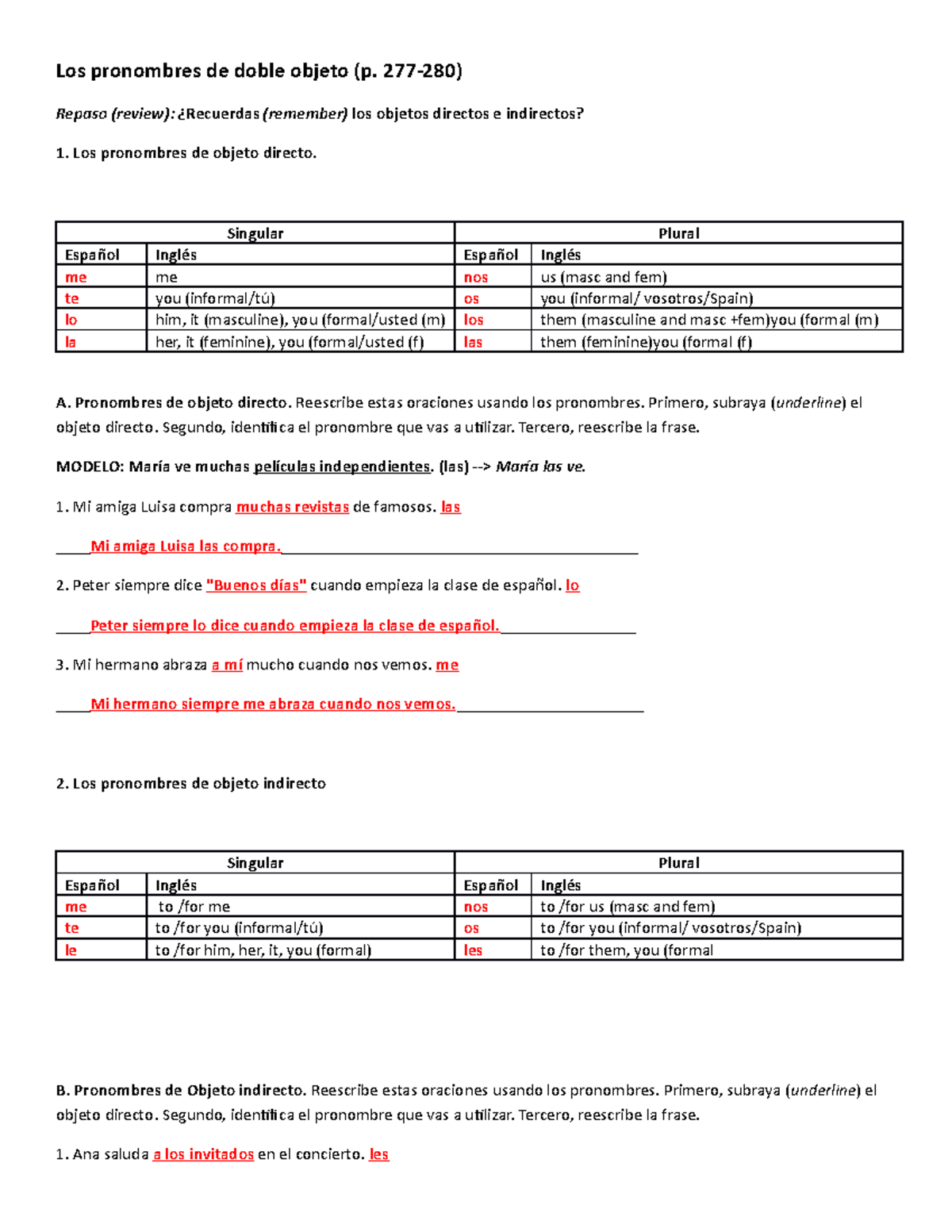 Pronombre Doble Objeto Tarea Respuestas - Los pronombres de doble ...