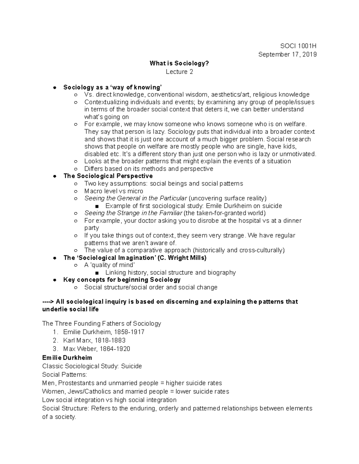 SOCI Lecture notes 1 - SOCI 1001H September 17, 2019 What is Sociology ...