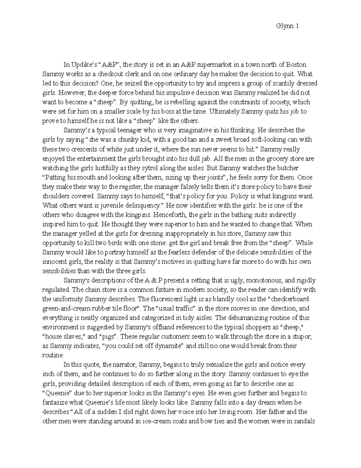 A&P updike formal literary analysis - Glynn 1 In Updike’s “A&P”, the ...