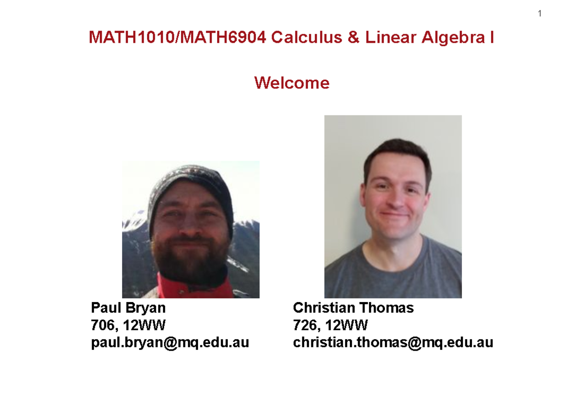 Live Lecture 1 - MATH1010/MATH6904 Calculus & Linear Algebra I Welcome ...