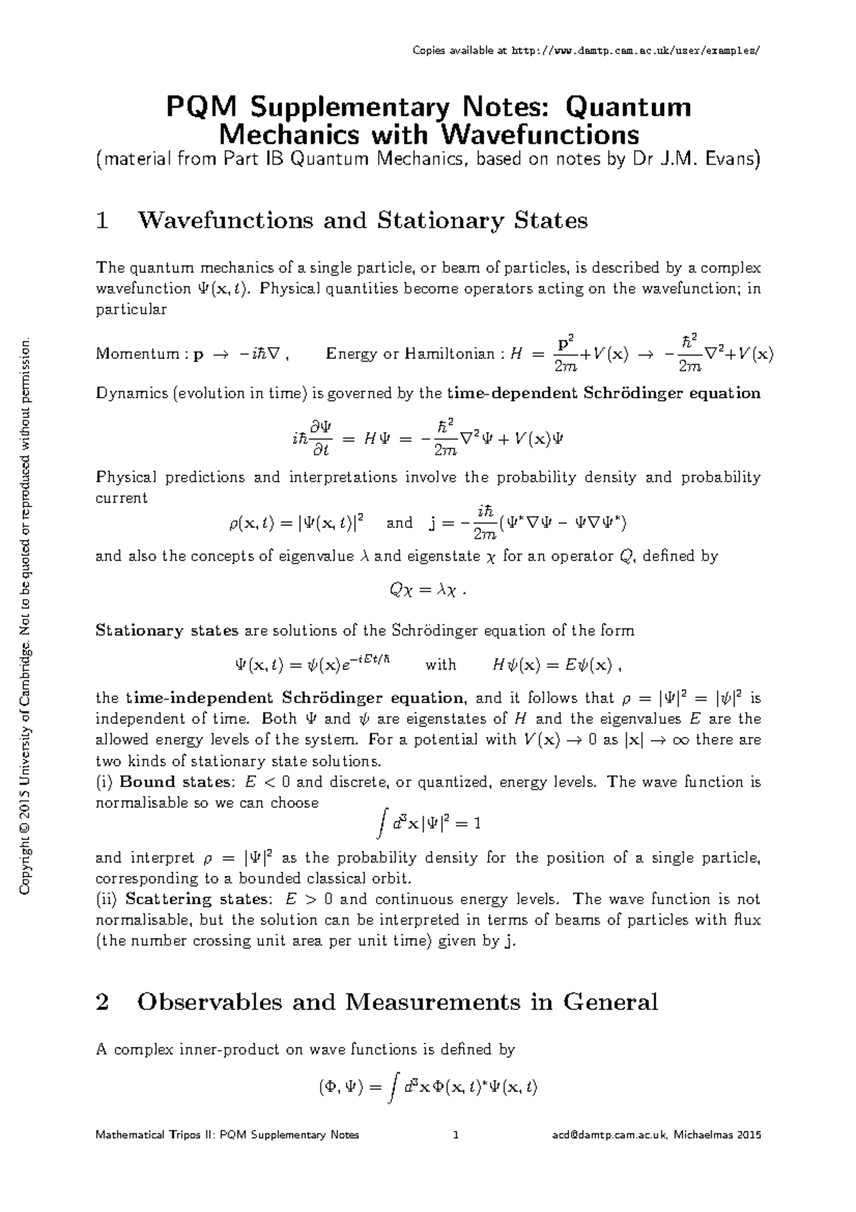 Lecture Notes Lecture Ib Qm Copyright © 2015 University Of Cambridge Not To Be Quoted Or