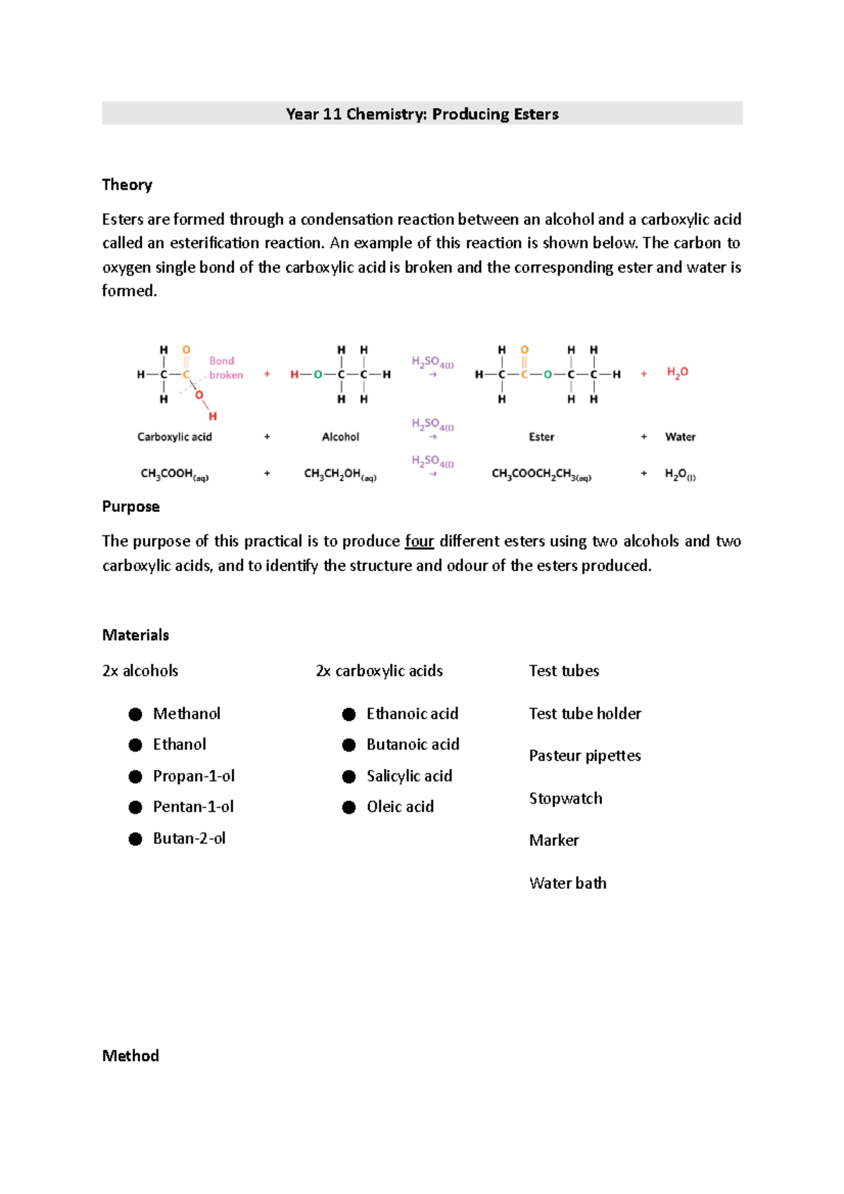 Y11 Esters prac sheet - practise - Year 11 Chemistry: Producing Esters ...