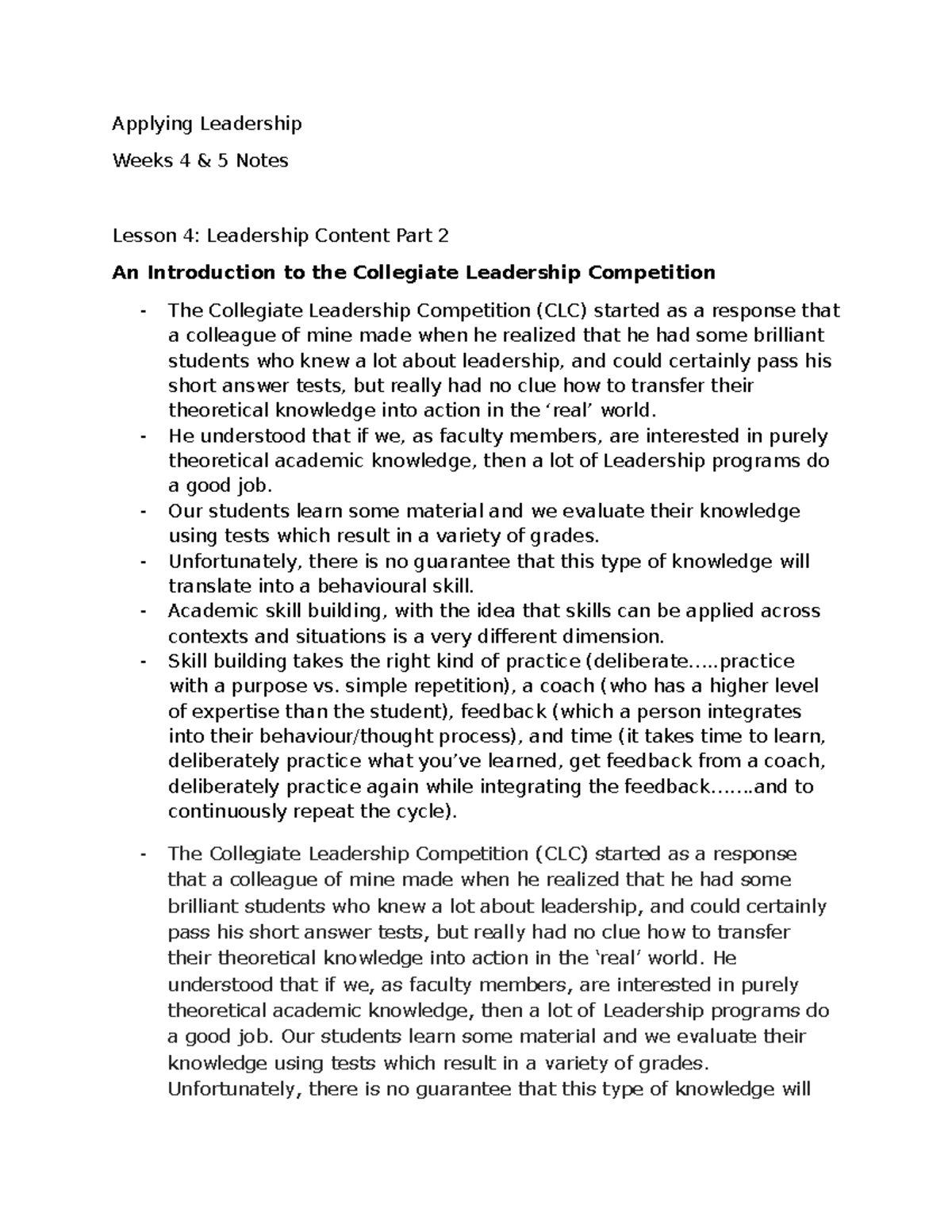 Weeks 4 & 5 (Quiz 2) - notes - Applying Leadership Weeks 4 & 5 Notes ...