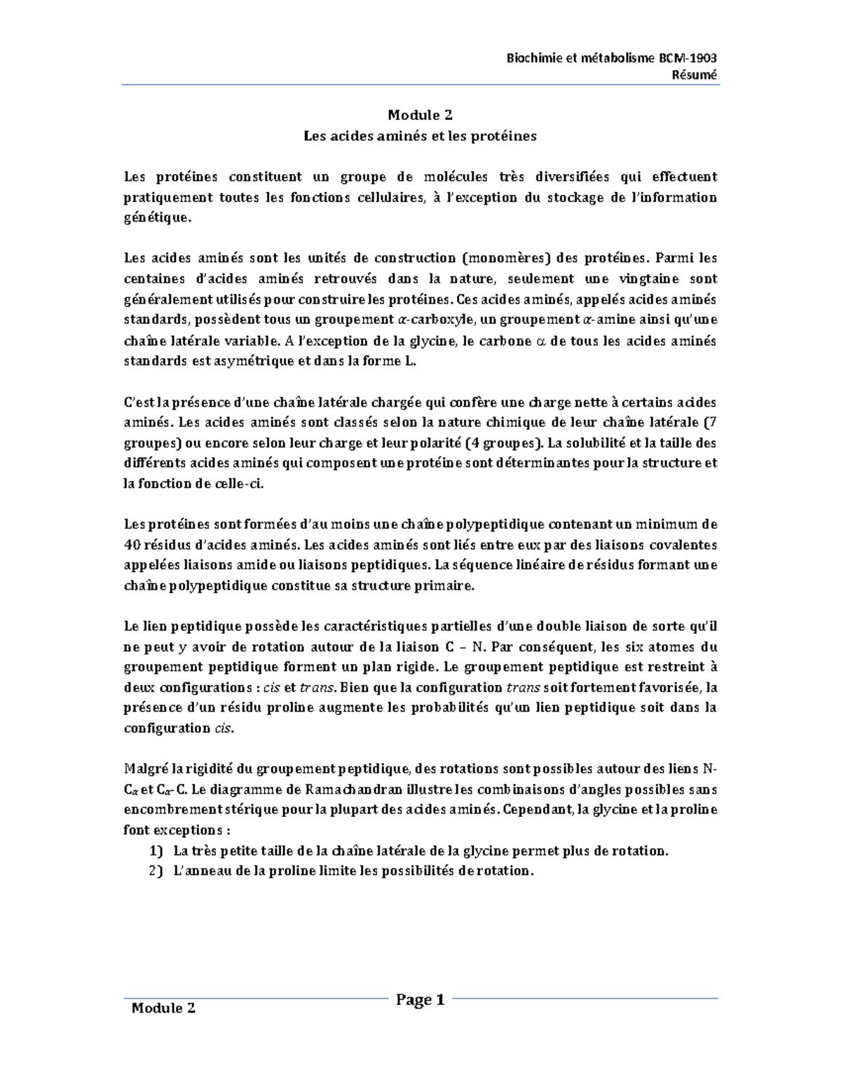 BCM1903 Résumé Module 2 2017 - Biochimie et métabolisme BCM- Résumé ...