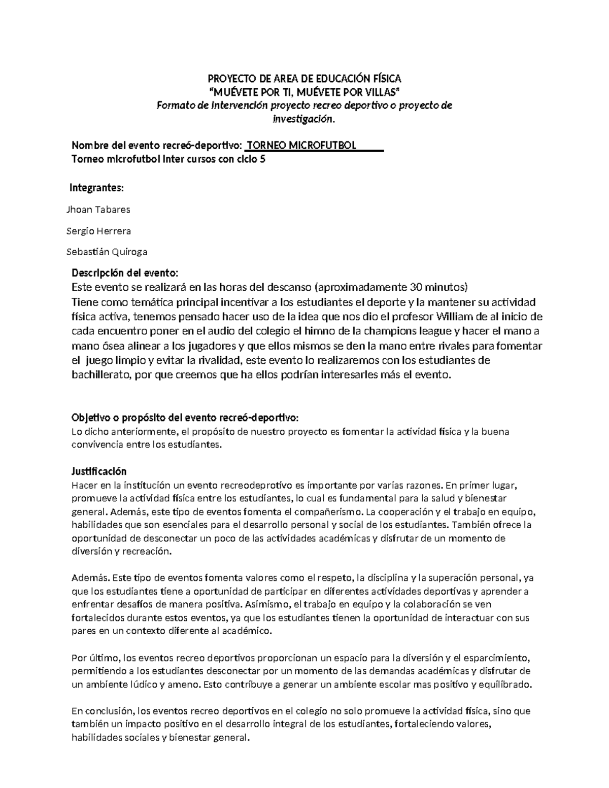 Guia proyecto recreo deportivo 1102 jt - PROYECTO DE AREA DE EDUCACIÓN FÍSICA “MUÉVETE POR TI ...