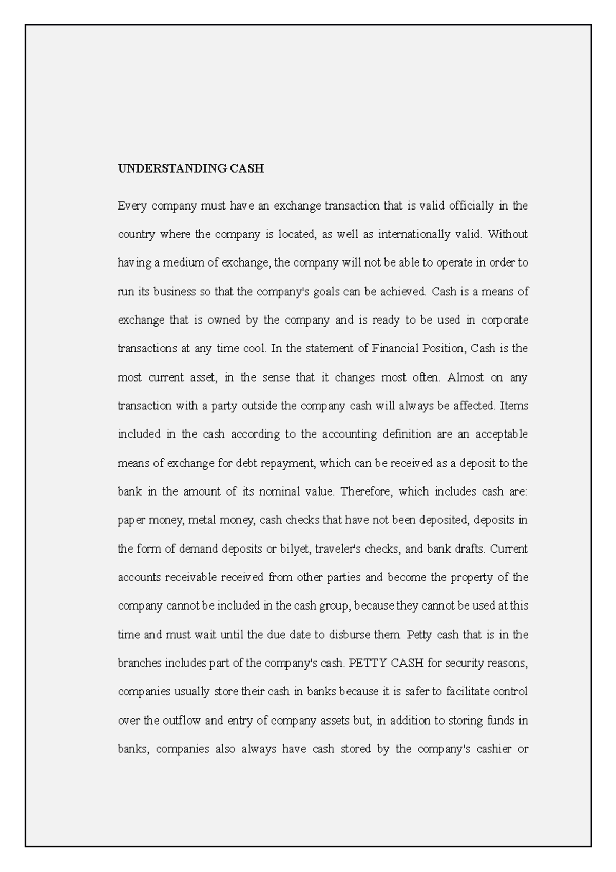 Documents Notes Accounting - Understanding CASH - UNDERSTANDING CASH ...